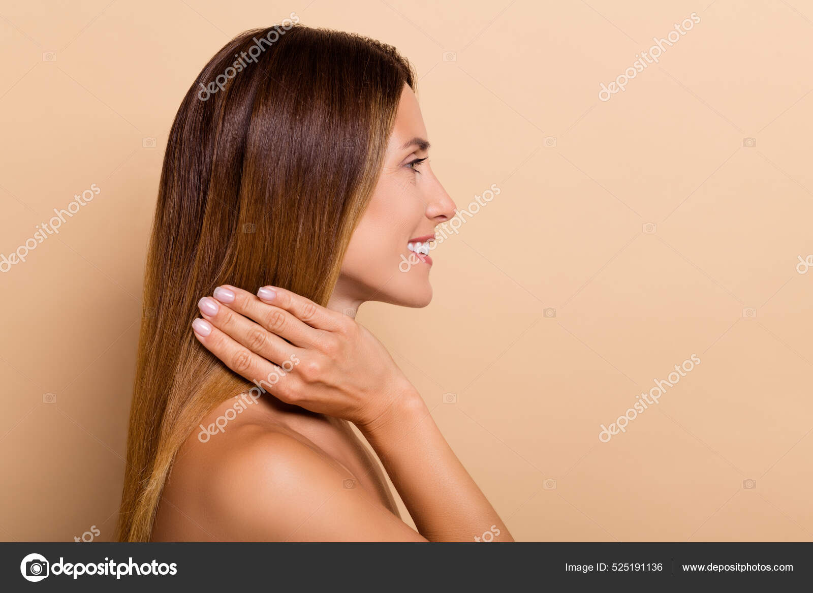 Profile Side View Portrait Attractive Cheerful Woman Touching Caressing ...