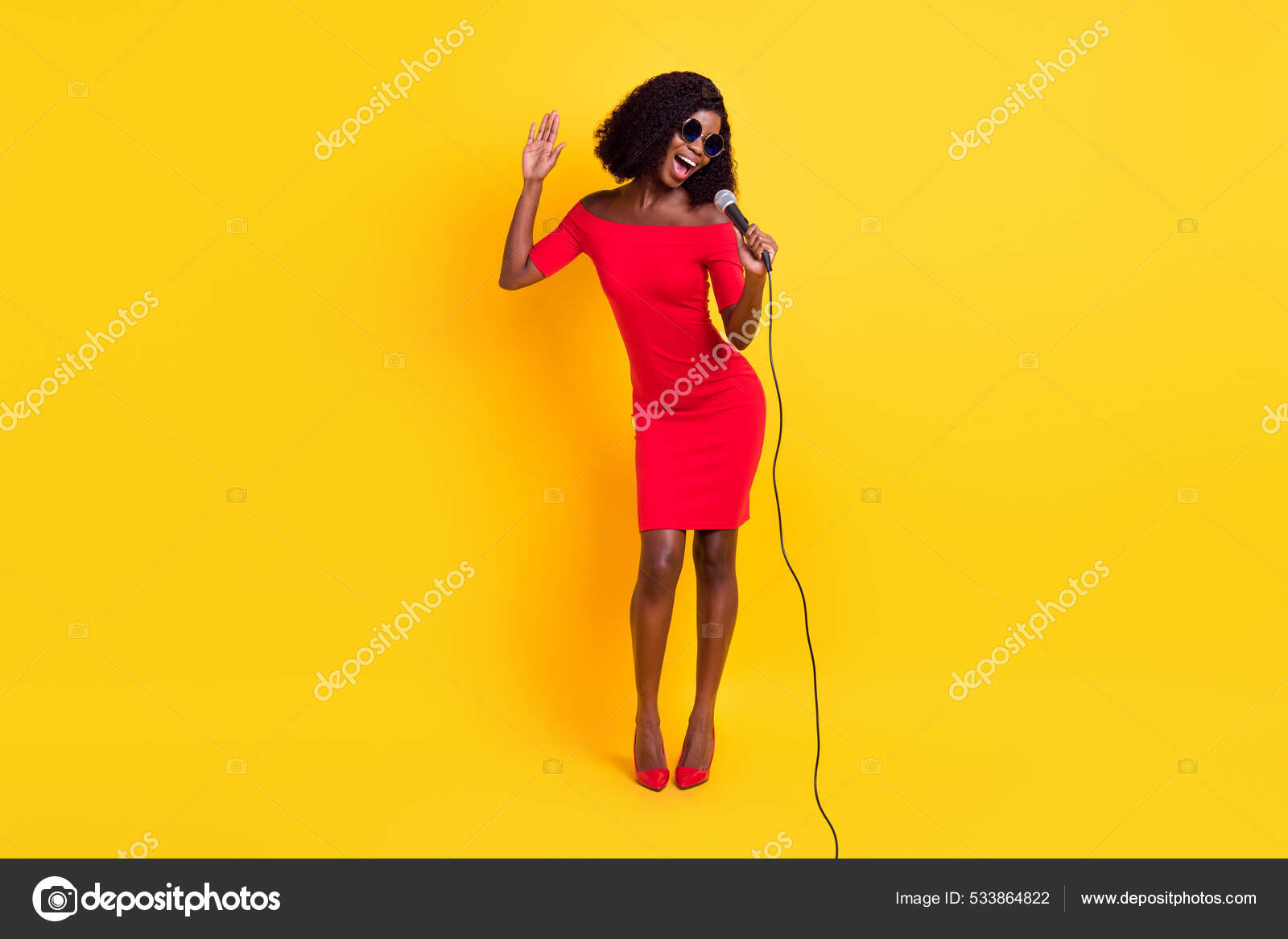 Full length body size view of gorgeous thin girl singing pop hit song ...