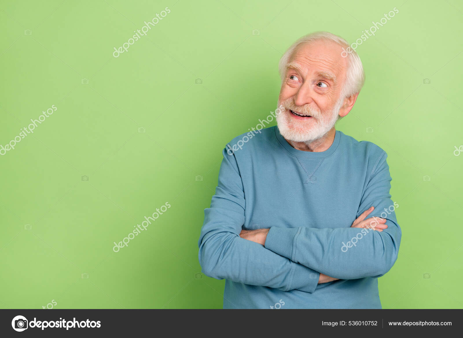 Photo of funny old beard man crossed palms look promo wear blue ...