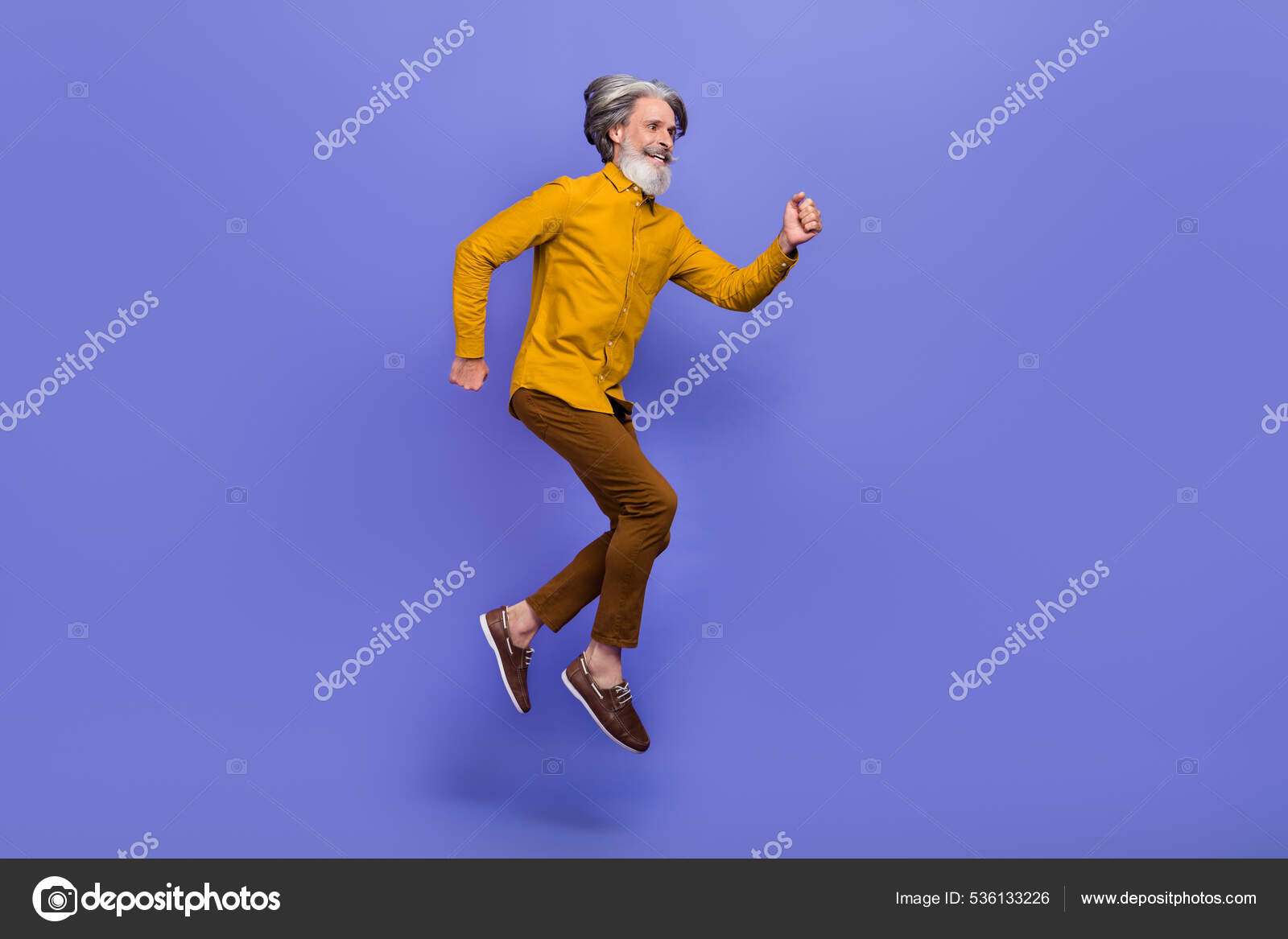 Full length body size view of attractive cheery gray-haired man jumping ...