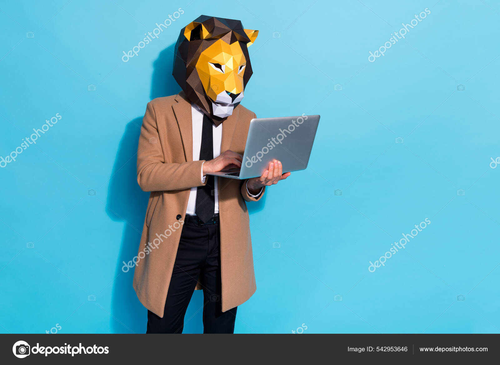 Photo of focused manager guy in lion mask typing netbook app search ...