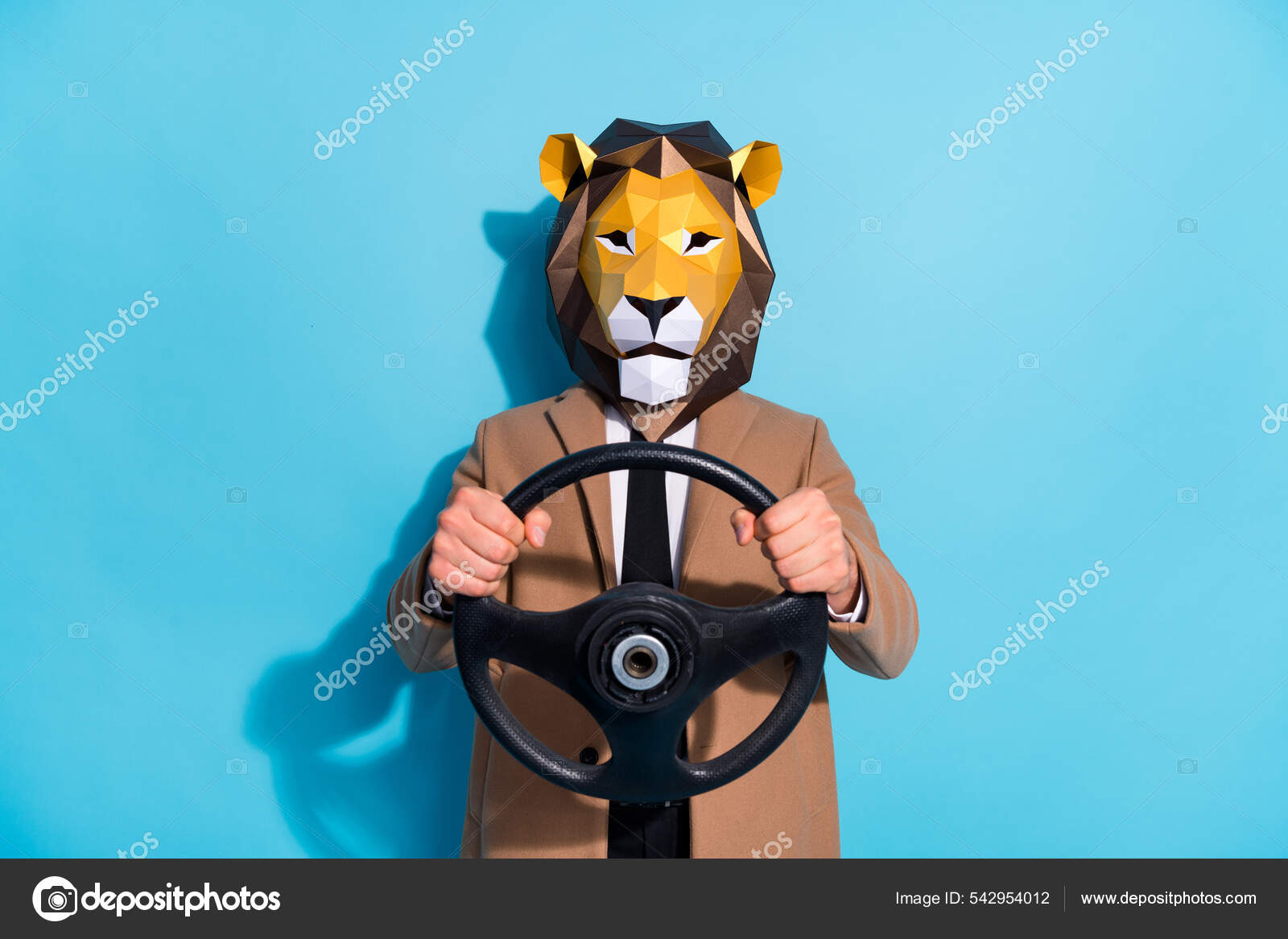 Photo of bizarre unusual guy wear lion mask drive steering wheel ...