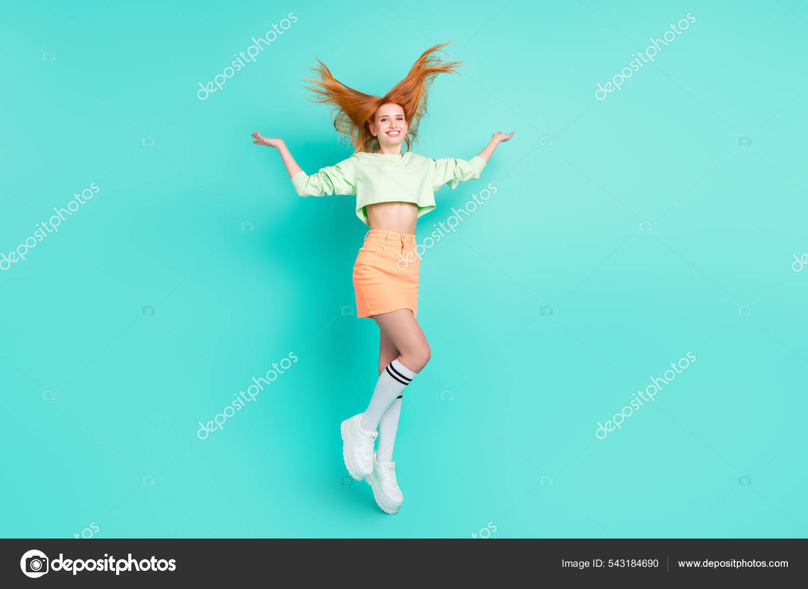 Full size photo of cheerful positive attractive young woman fly hair ...