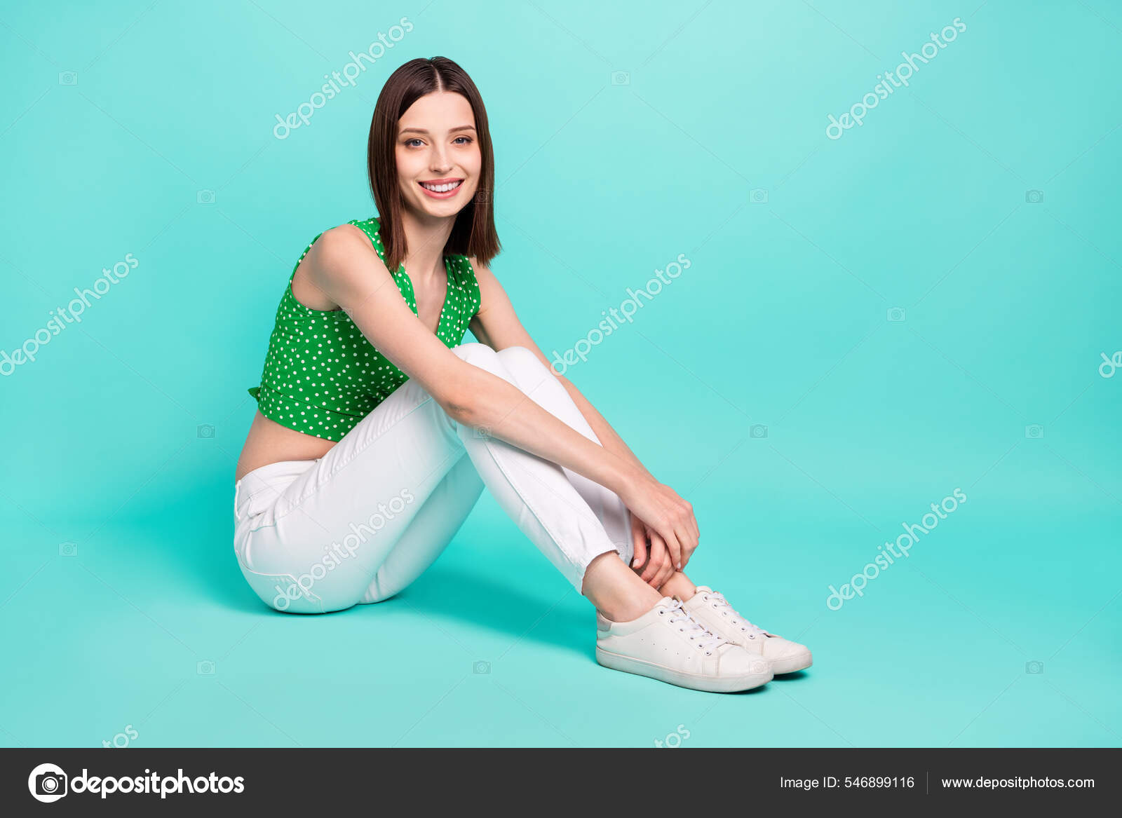 Full body profile side photo of young adorable woman wear casual ...