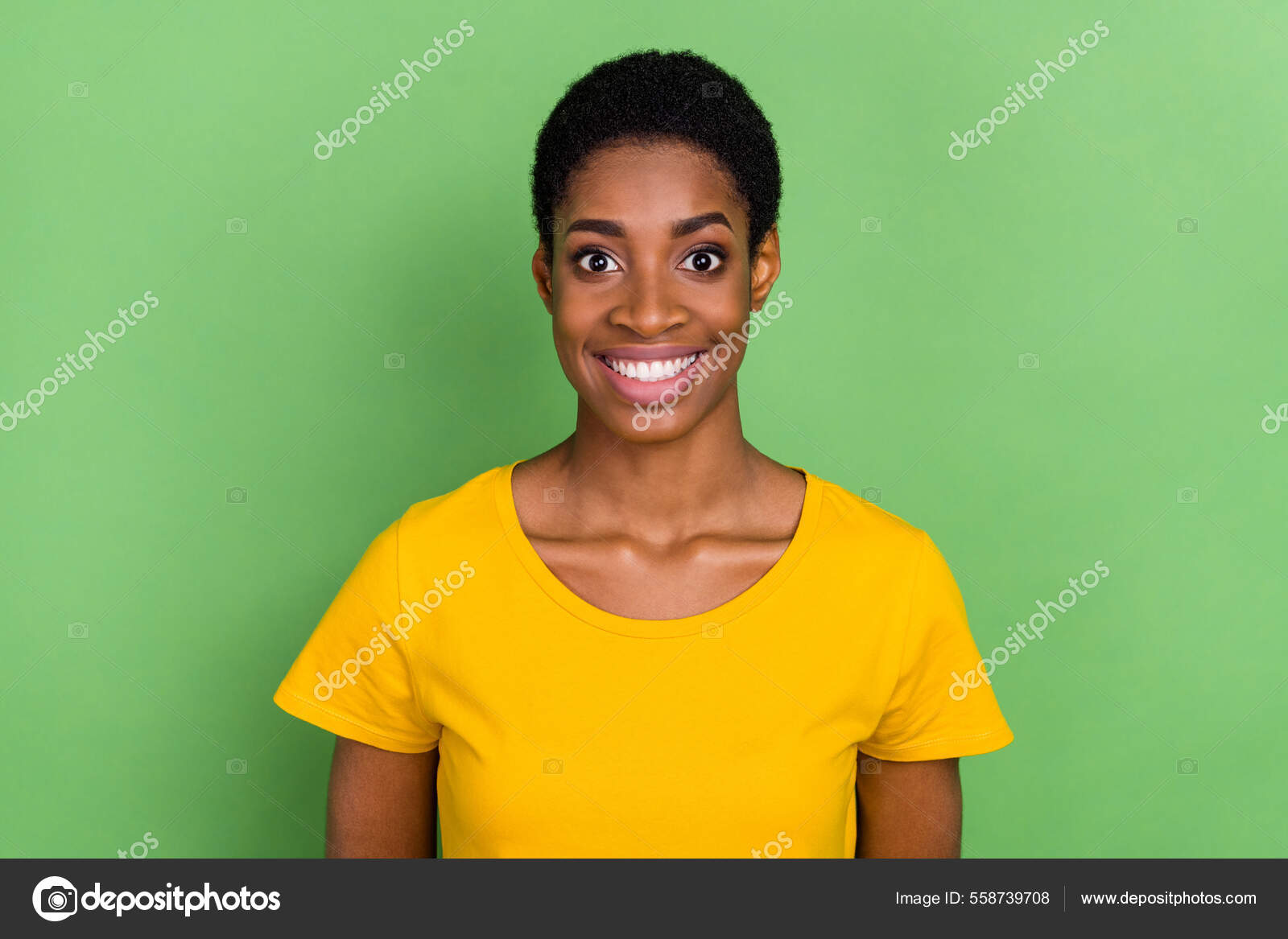 Photo of pretty young short hairdo guy look camera wear yellow t-shirt ...