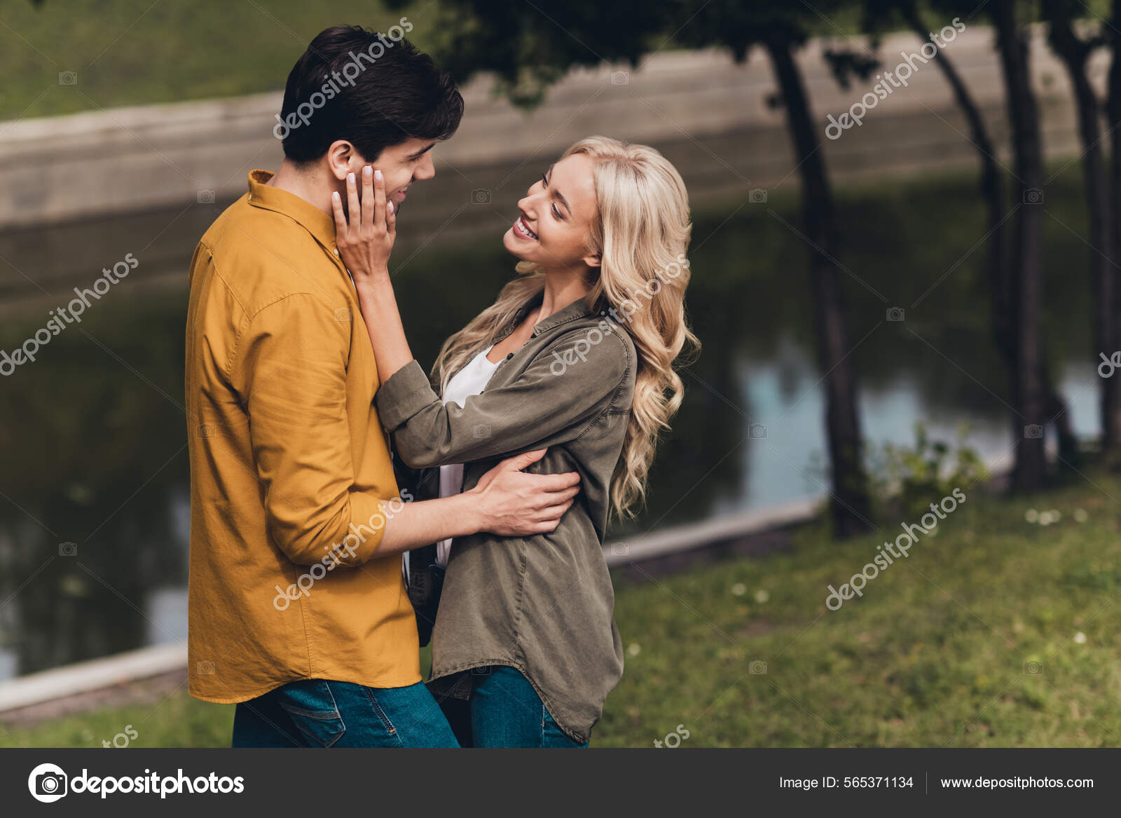 Profile side view portrait of tender amorous cheerful couple life ...