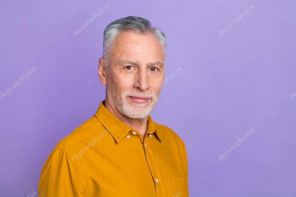 Photo of struct elder grey hairdo man wear yellow shirt isolated on ...