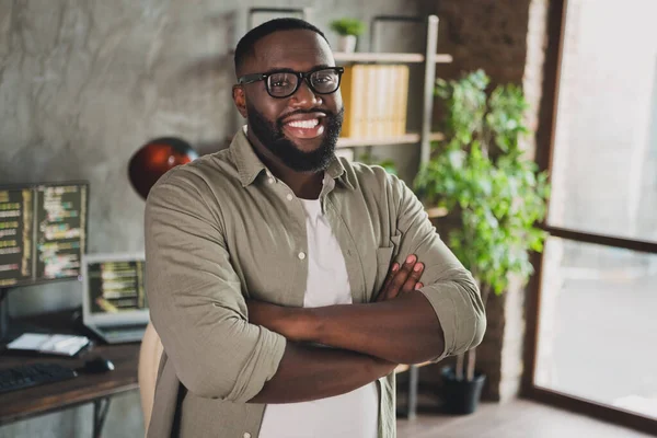 Photo of successful designer guy cross hands ready modify testing ...