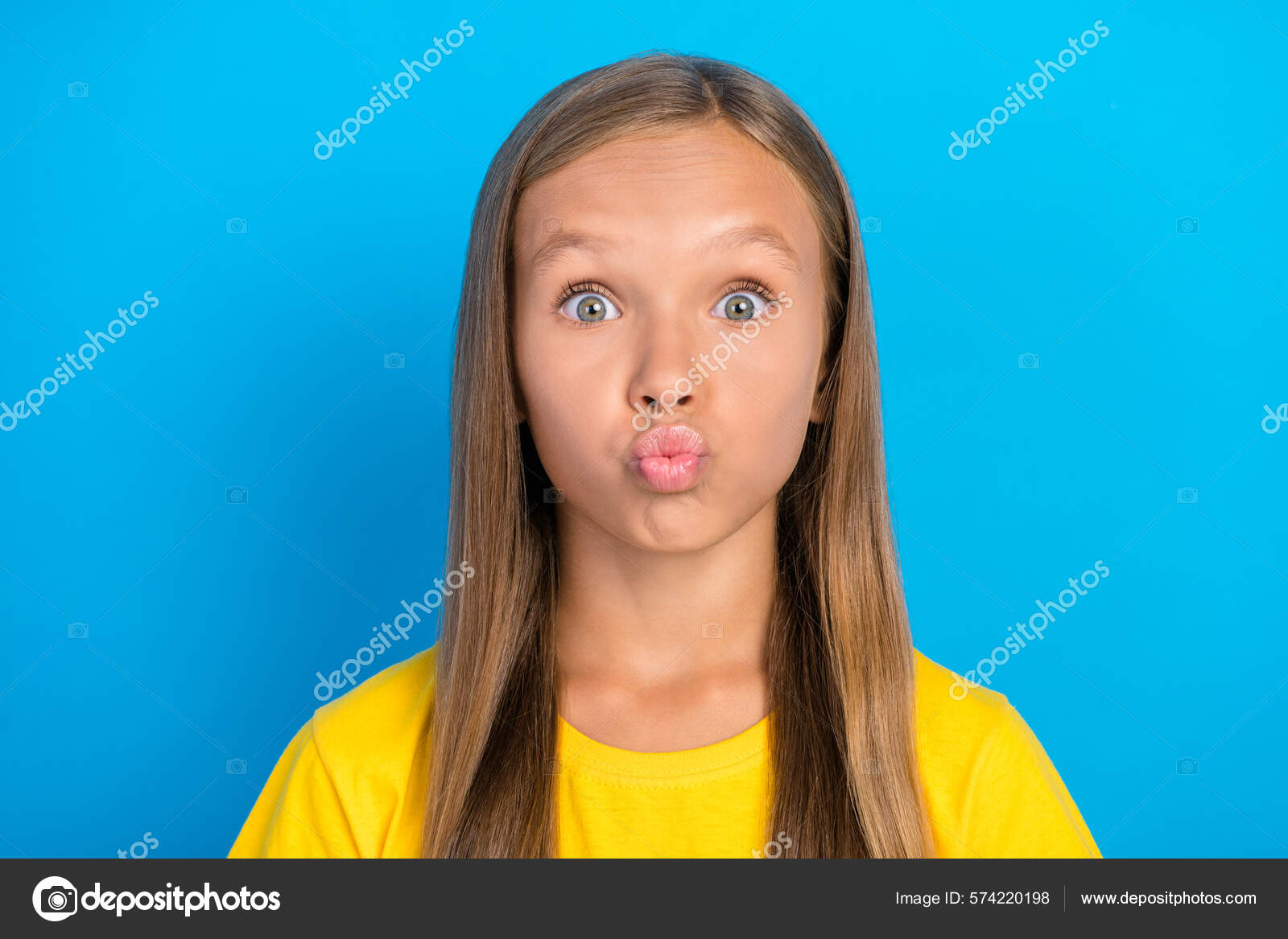 Photo Affectionate Small Lady Pout Lips Send Air Kiss Wear — Stock ...