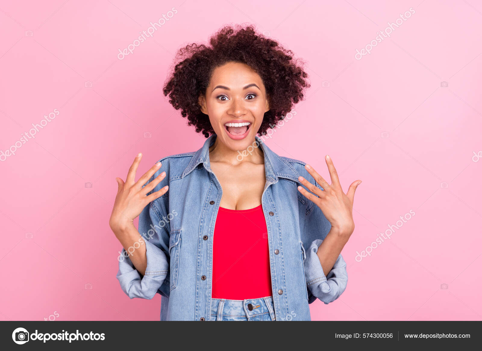 Photo Excited Amazed Funky Lady Omg Funny Reaction Wear Denim — Stock ...