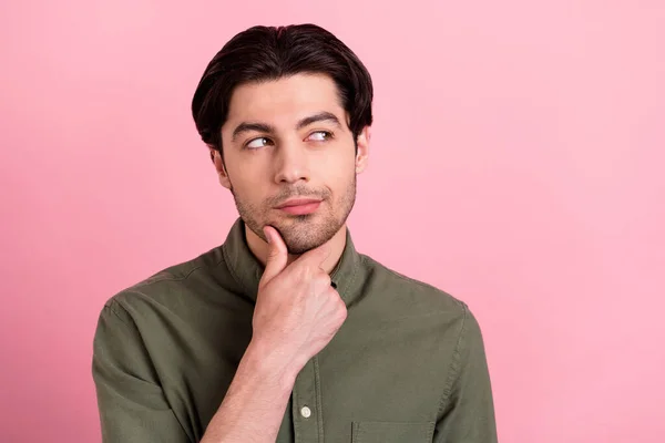 Portrait Positive Smart Minded Person Arm Touch Chin Look Empty — Stock ...