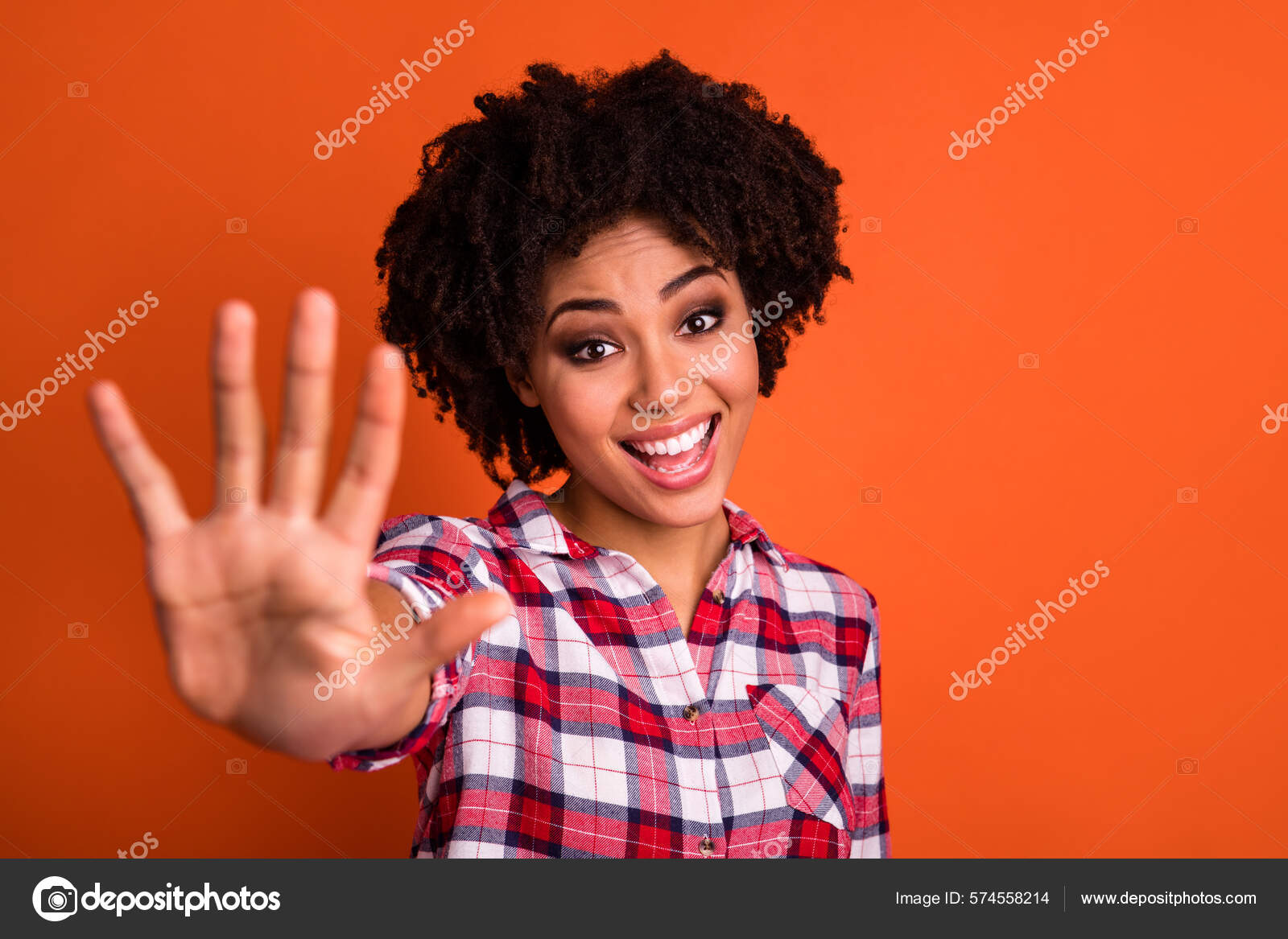 Photo Friendly Lady Welcome Wave Palm Wear Checkered Clothes Isolated ...