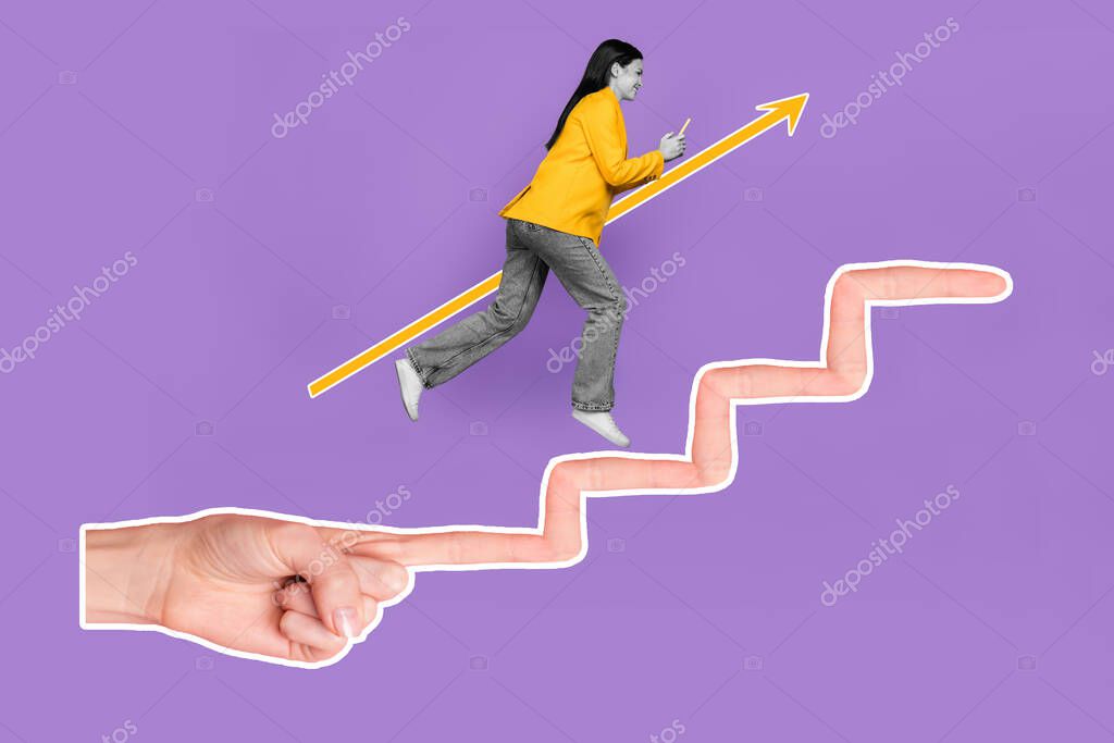 Inusual collage de imágenes locas de dedo largo expandido dirigiendo ...