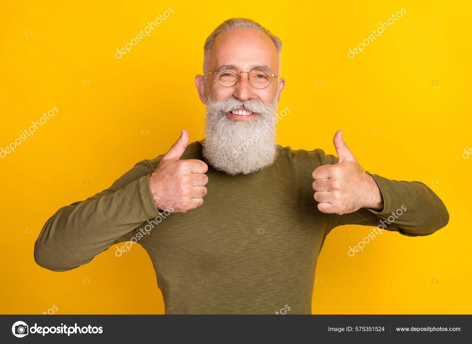 Photo Grateful Aged Grey Beard Man Show Thumb Wear Eyewear — Stock ...