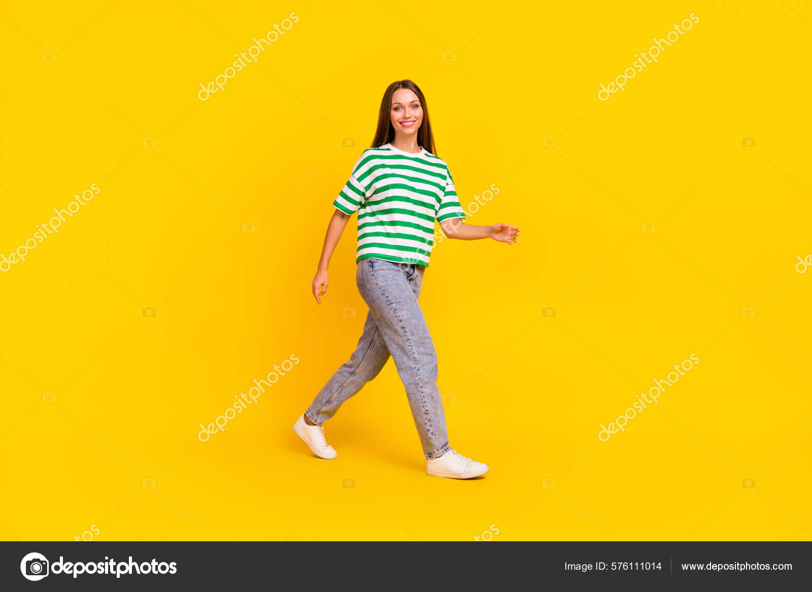 Full Size Profile Portrait Adorable Satisfied Person Walking Toothy ...