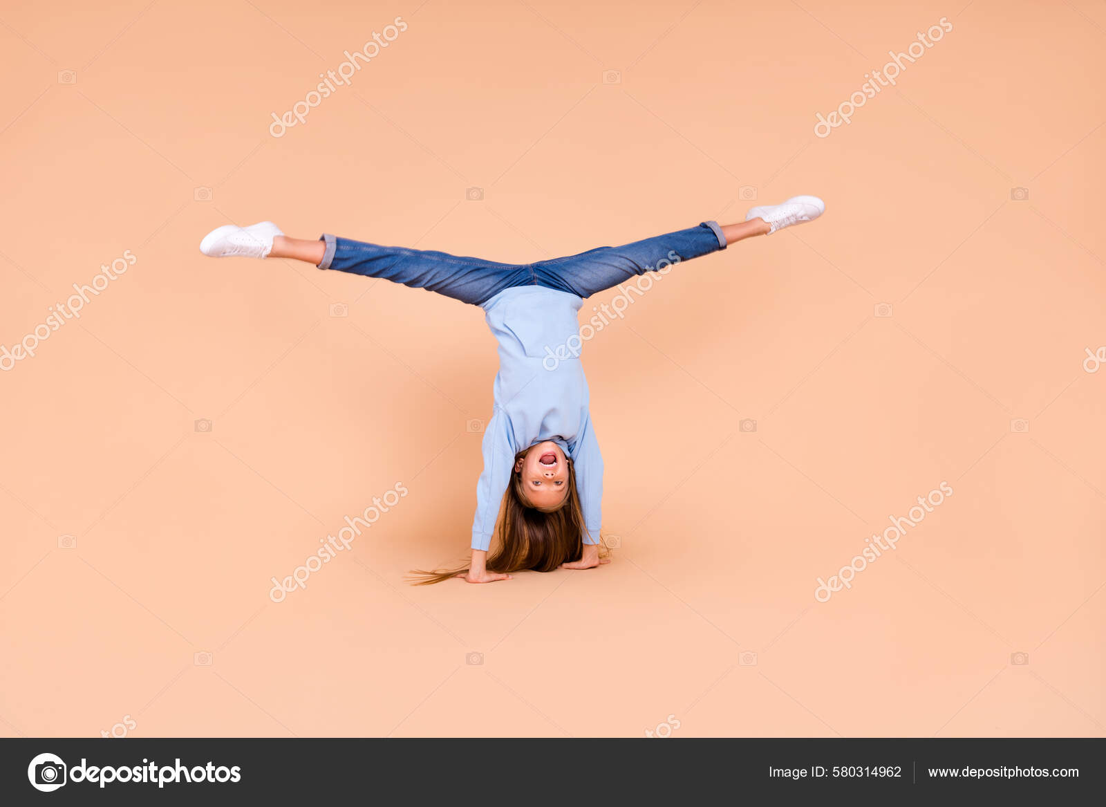 Full Body Photo Sportive Funny Pupil Standing Arms Upside Split Stock ...