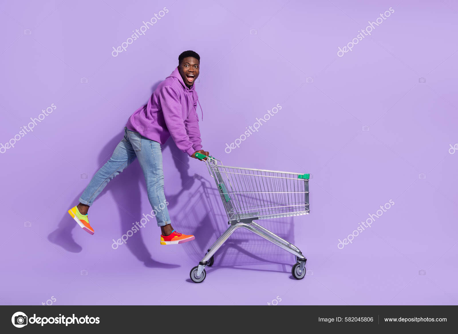 Full Length Profile Portrait Excited Crazy Handsome Guy Jump Low Stock ...