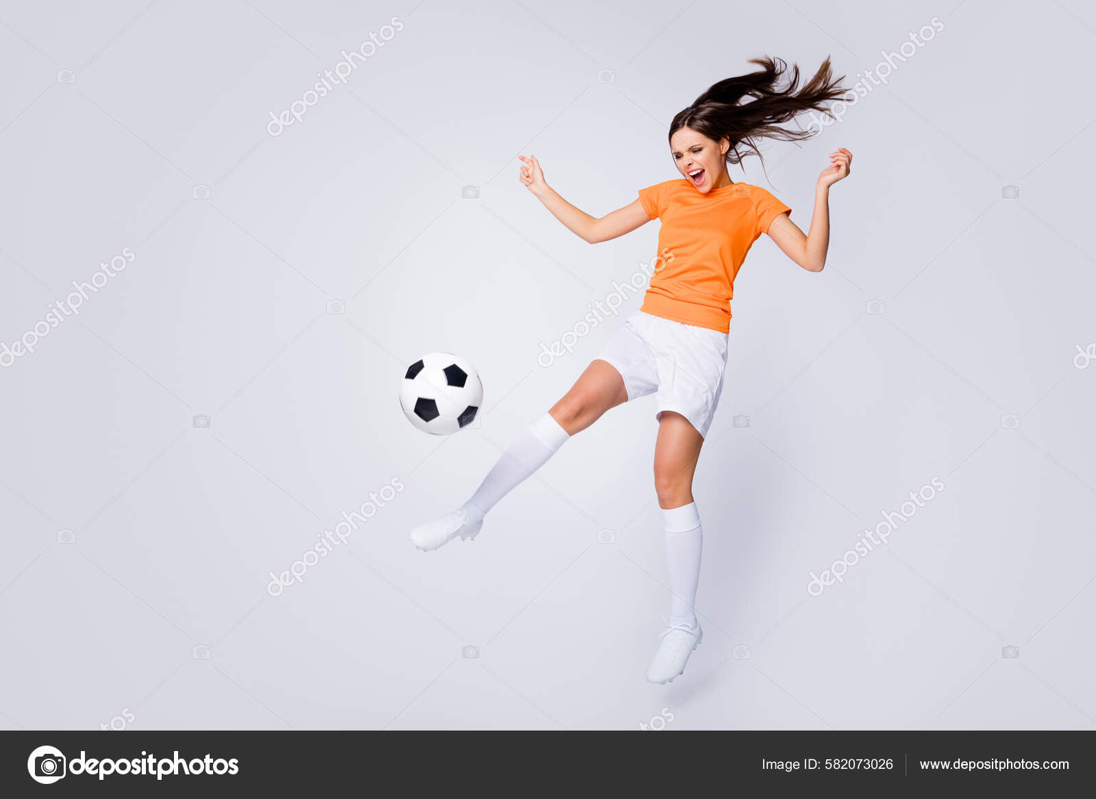 Full Body Profile Photo Joyful Excited Lady Jump Goalkeeper Player ...