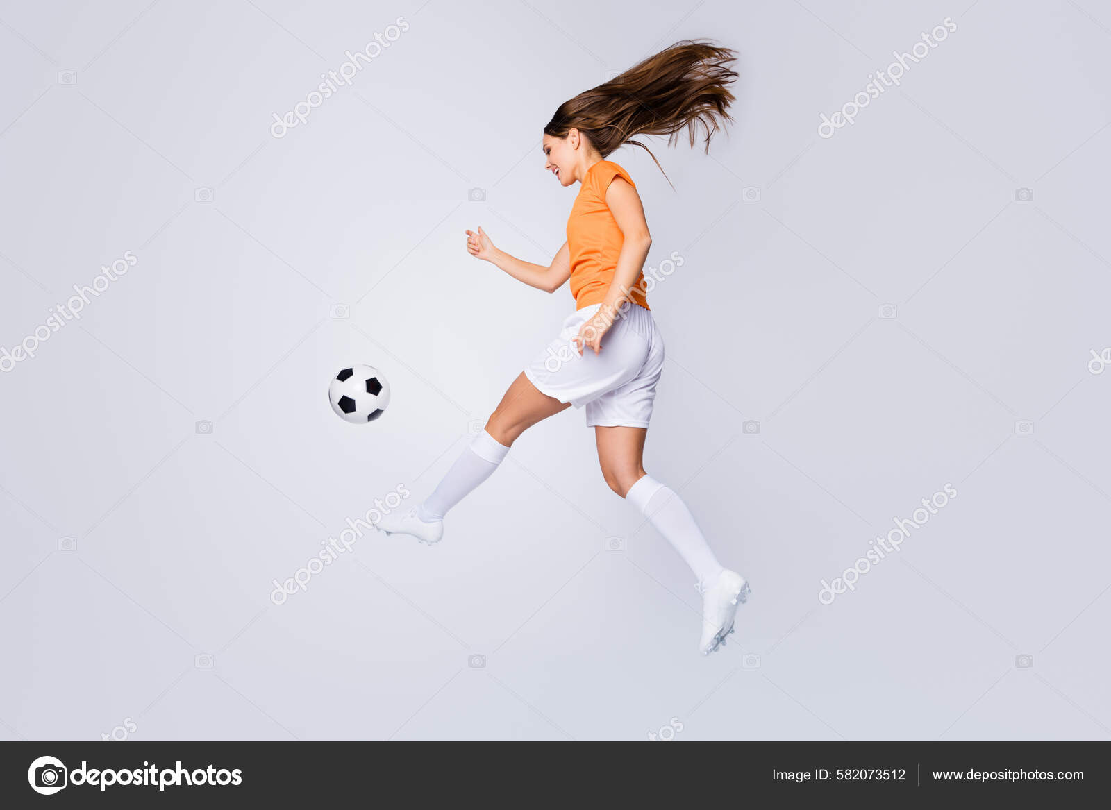 Full Body Profile Photo Skilled Joyful Lady Soccer Team Player Stock ...
