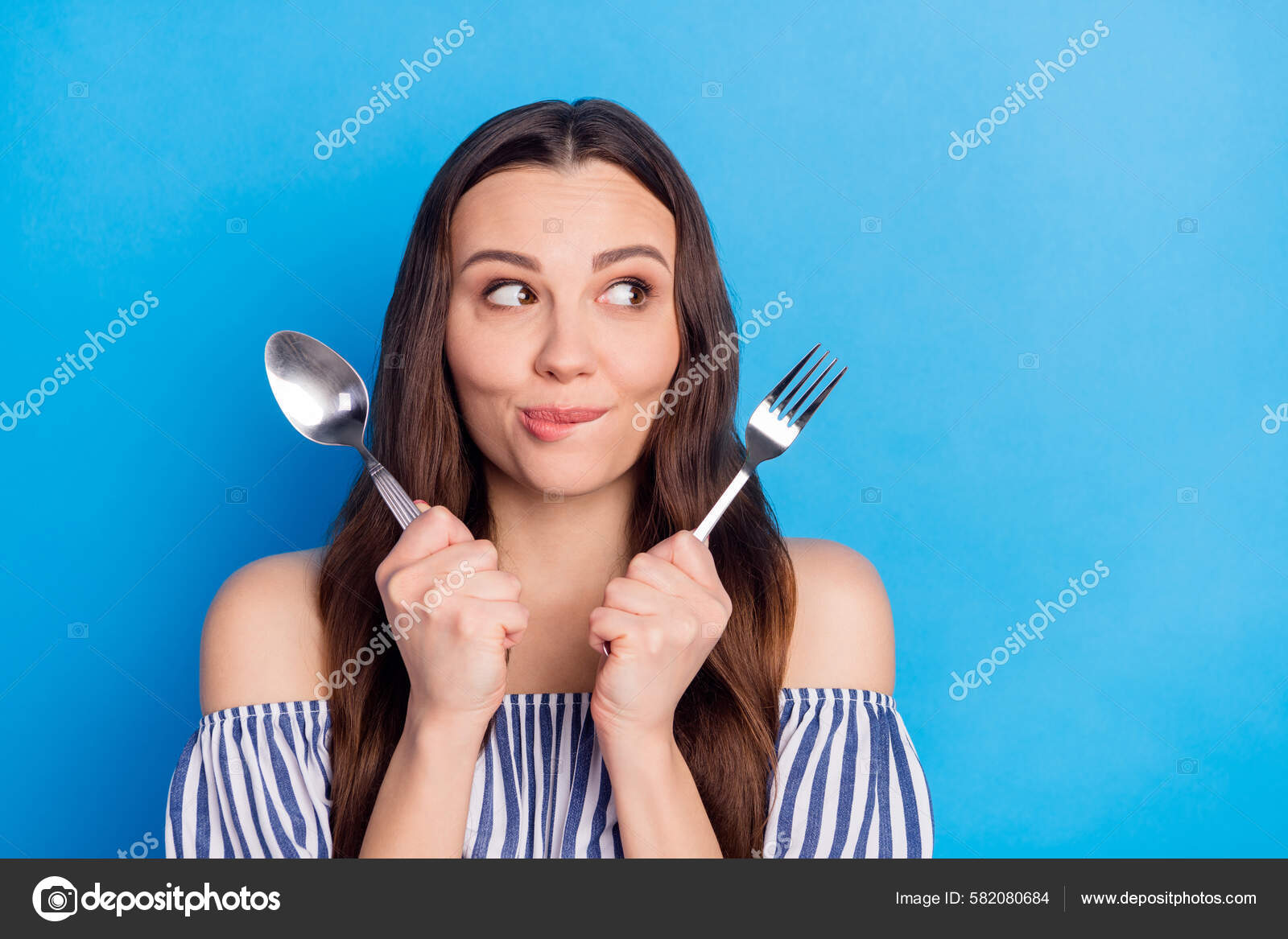 Photo Portrait Woman Hungry Wait Dinner Fork Knife Biting Lip Stock ...