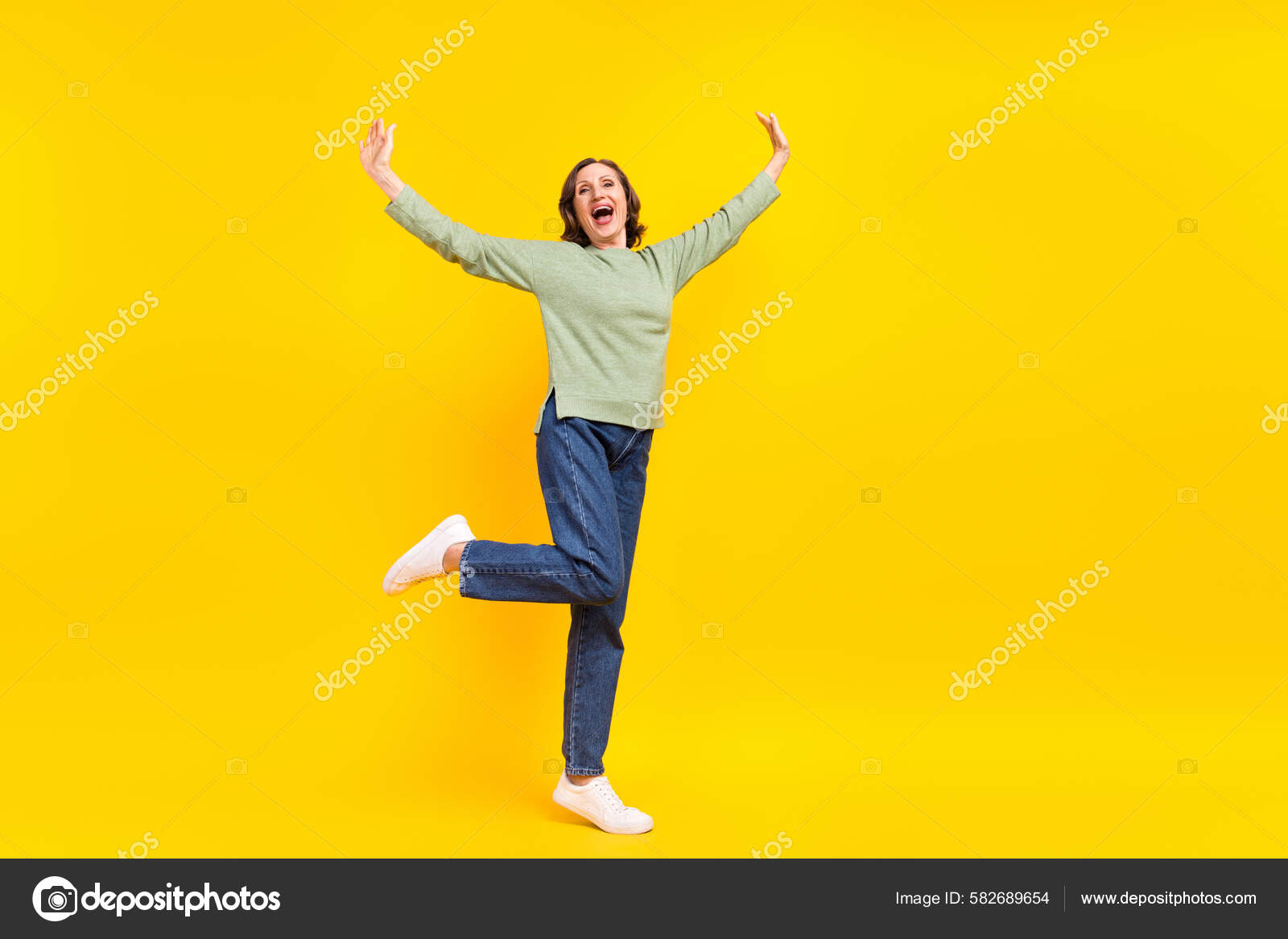 Full Length Body Size View Attractive Cheerful Carefree Woman Dancing ...