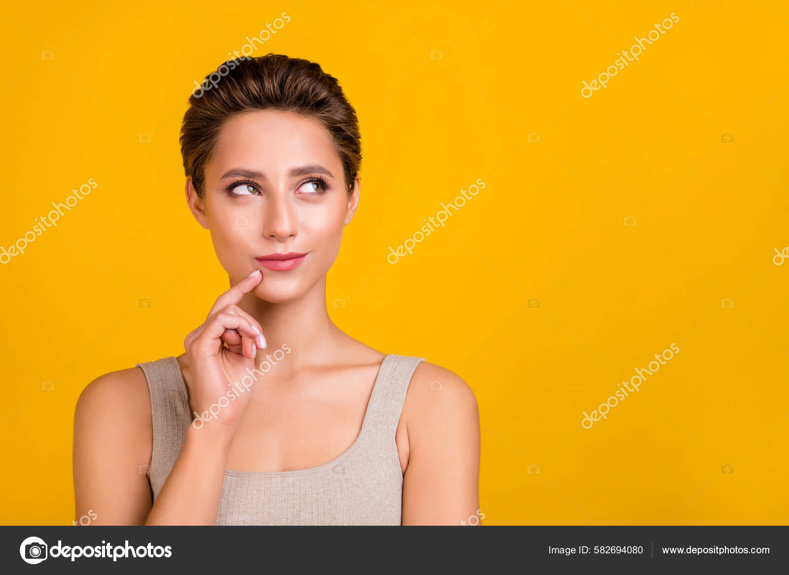 Photo Thoughtful Creative Smart Lady Think Look Empty Space Wear ...