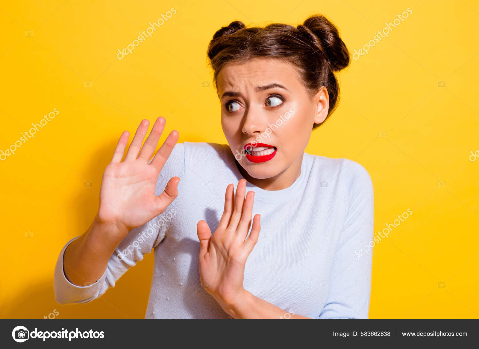 Photo Terrified Young Female Try Avoid Annoying Person Asking Stop ...