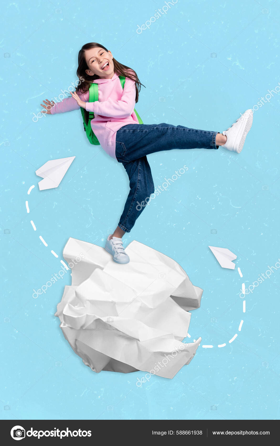 Vertical Collage Illustration Positive Small Girl Stand Huge Crumpled ...