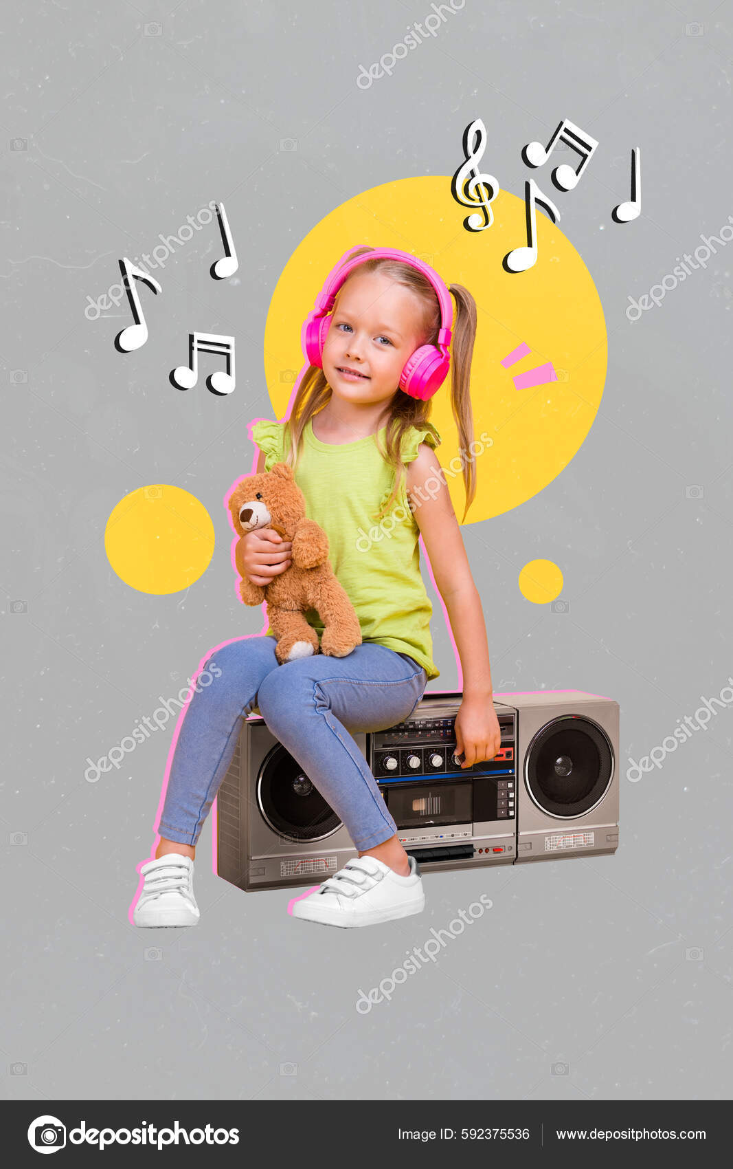 Vertical Composite Portrait Small Cheerful Girl Sit Boom Box Listen ...