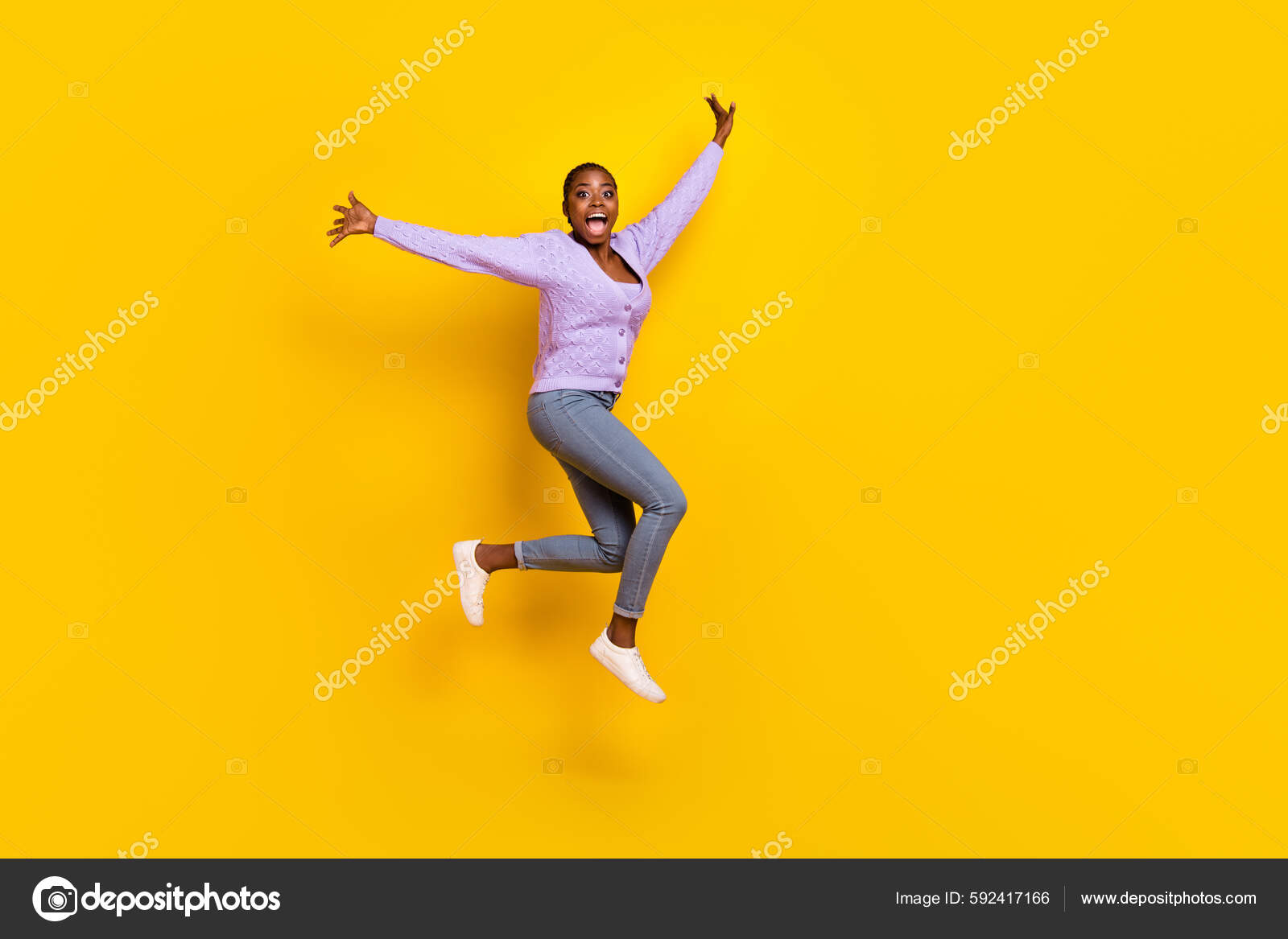 Full Body Photo Overjoyed Energetic Girl Jumping Scream Rejoice ...