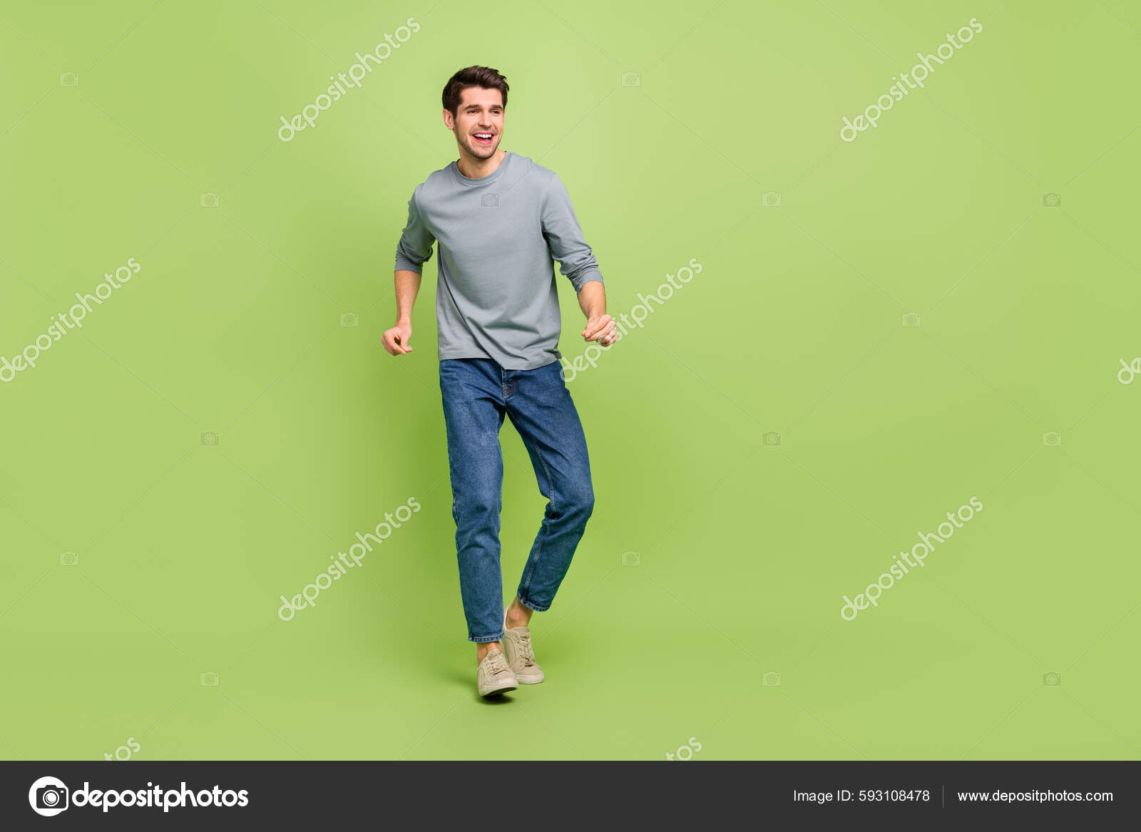Full Body Photo Attractive Positive Guy Dancing Look Empty Space ...