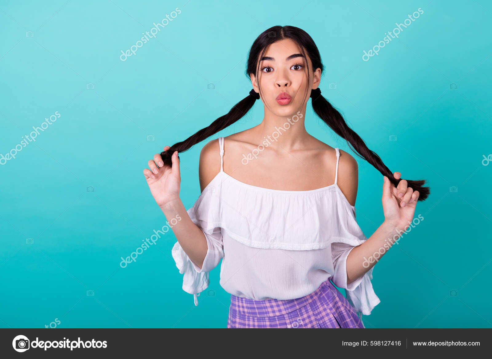 Portrait Pretty Adorable Thai Girl Hands Hold Tails Kiss Lips — Stock