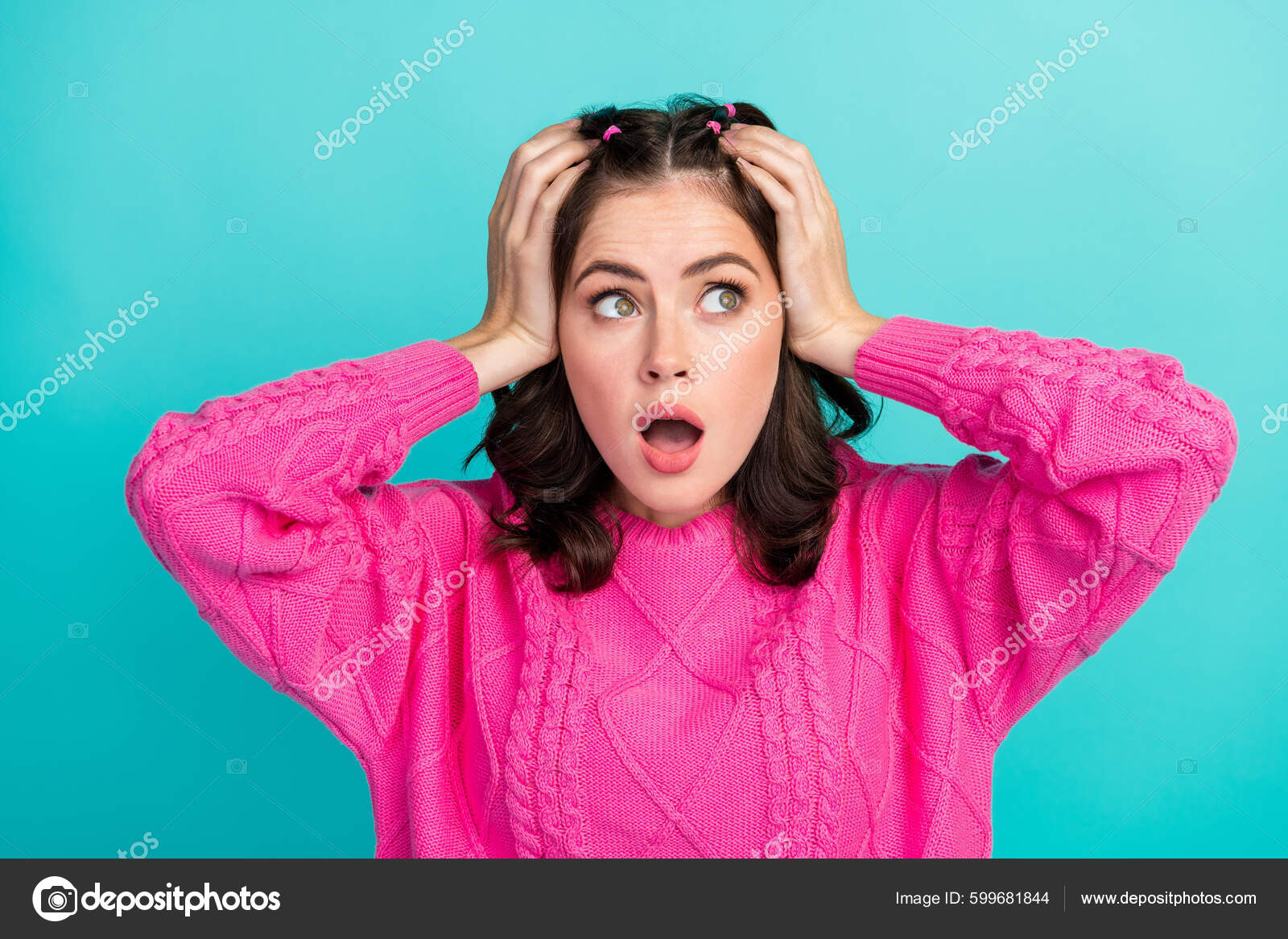 Closeup Photo Young Attractive Funny Lady Grimace Surprised Unexpected ...