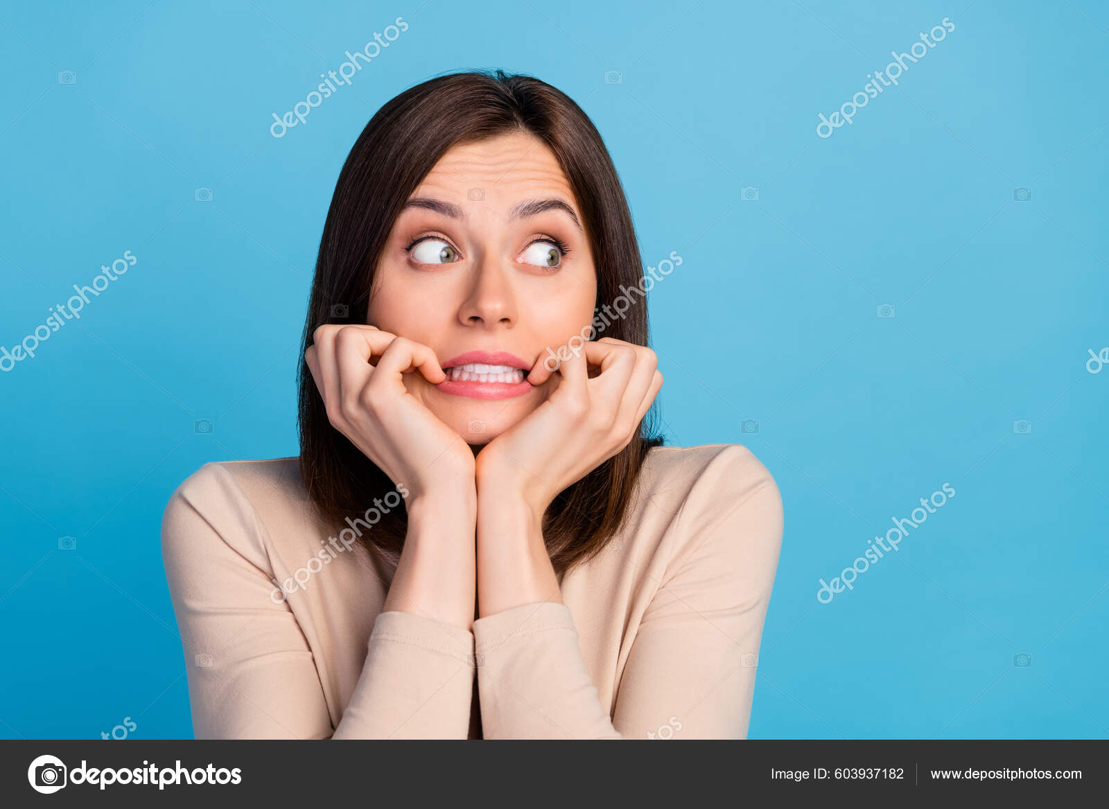 Photo Terrified Person Teeth Biting Nails Look Interested Empty Space ...