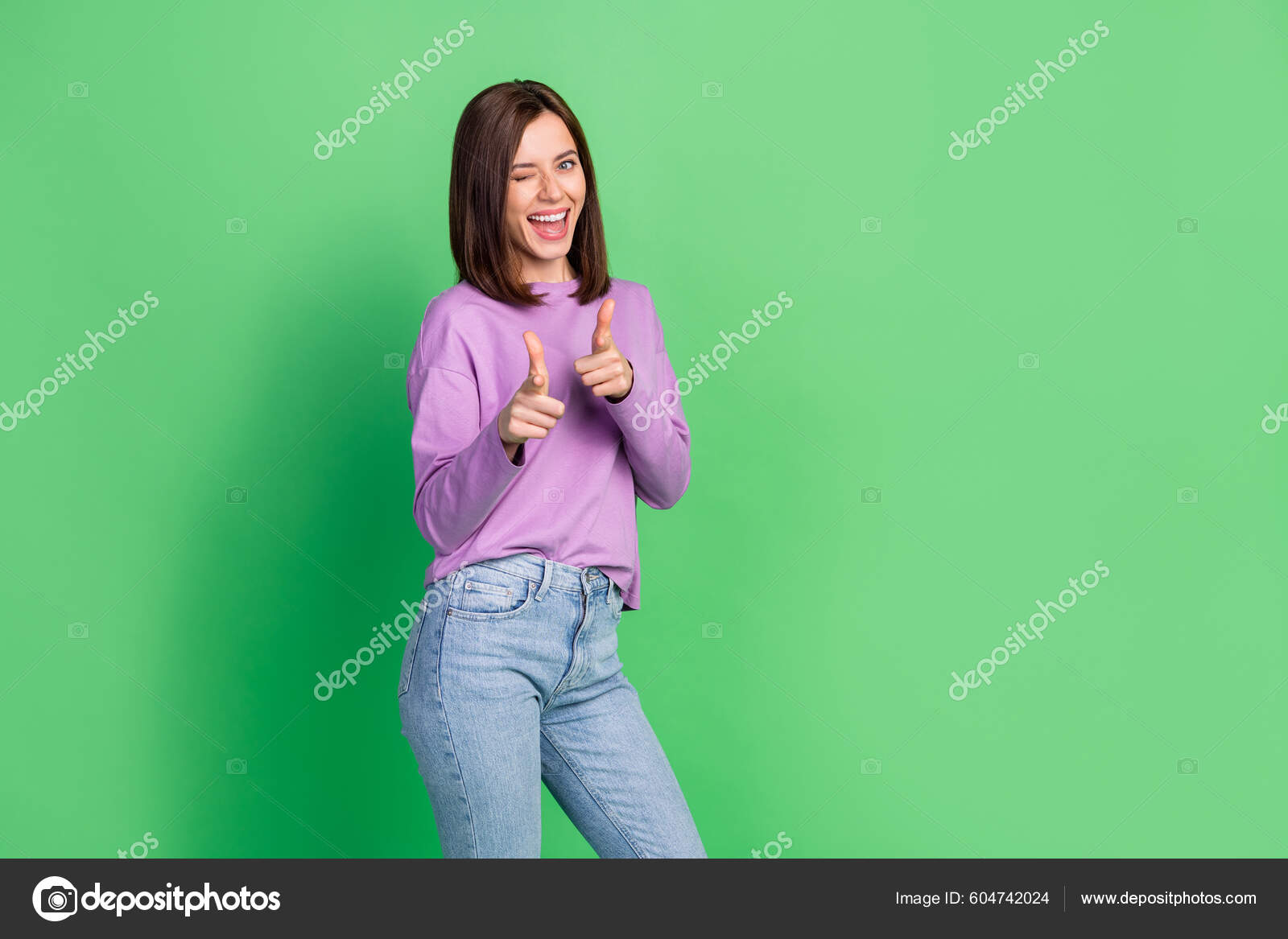 Portrait Young Attractive Flirty Grimace Girl Winking Pointing Fingers