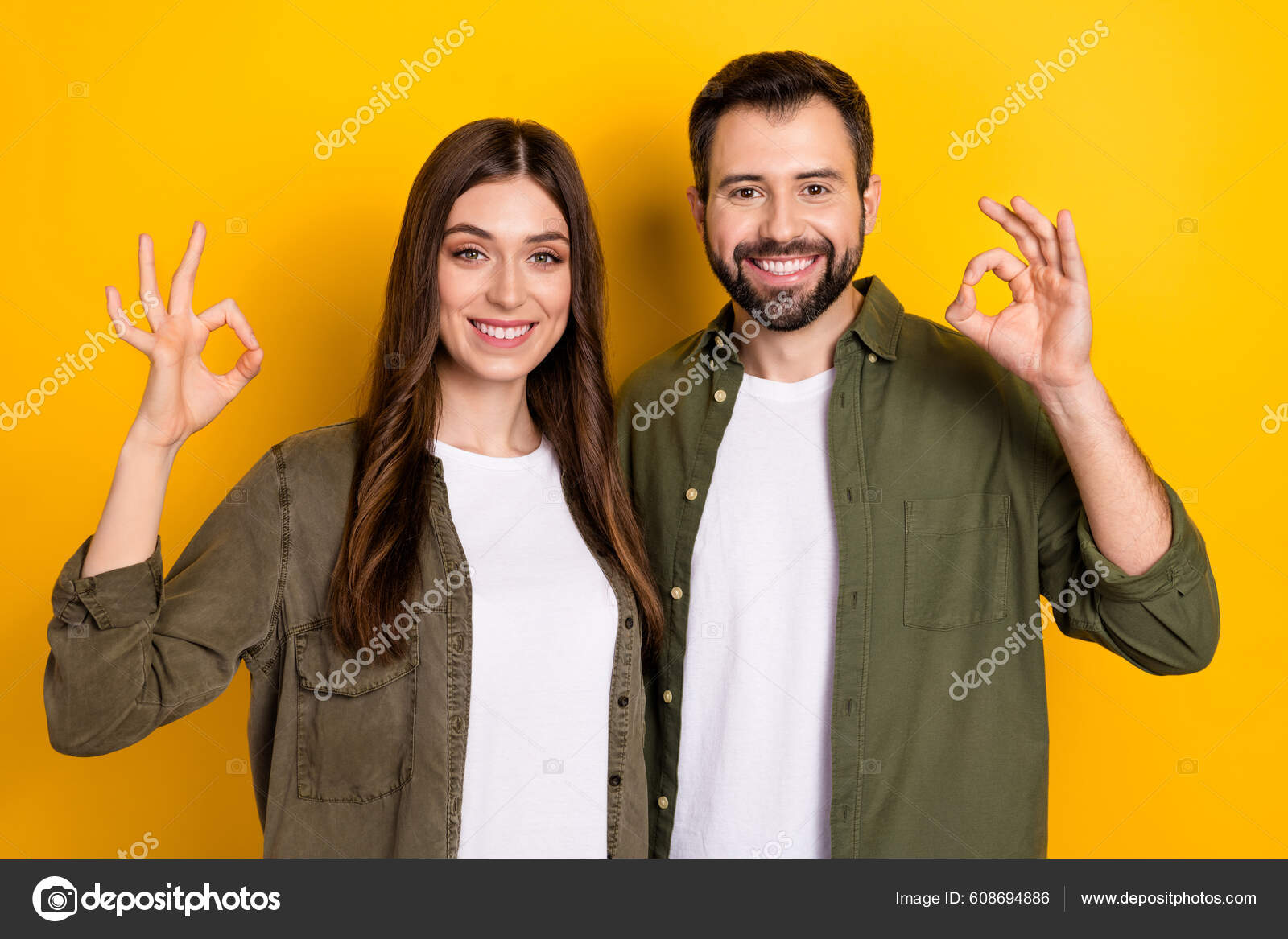Photo Two Cheerful People Arm Fingers Demonstrate Okey Symbol Isolated ...