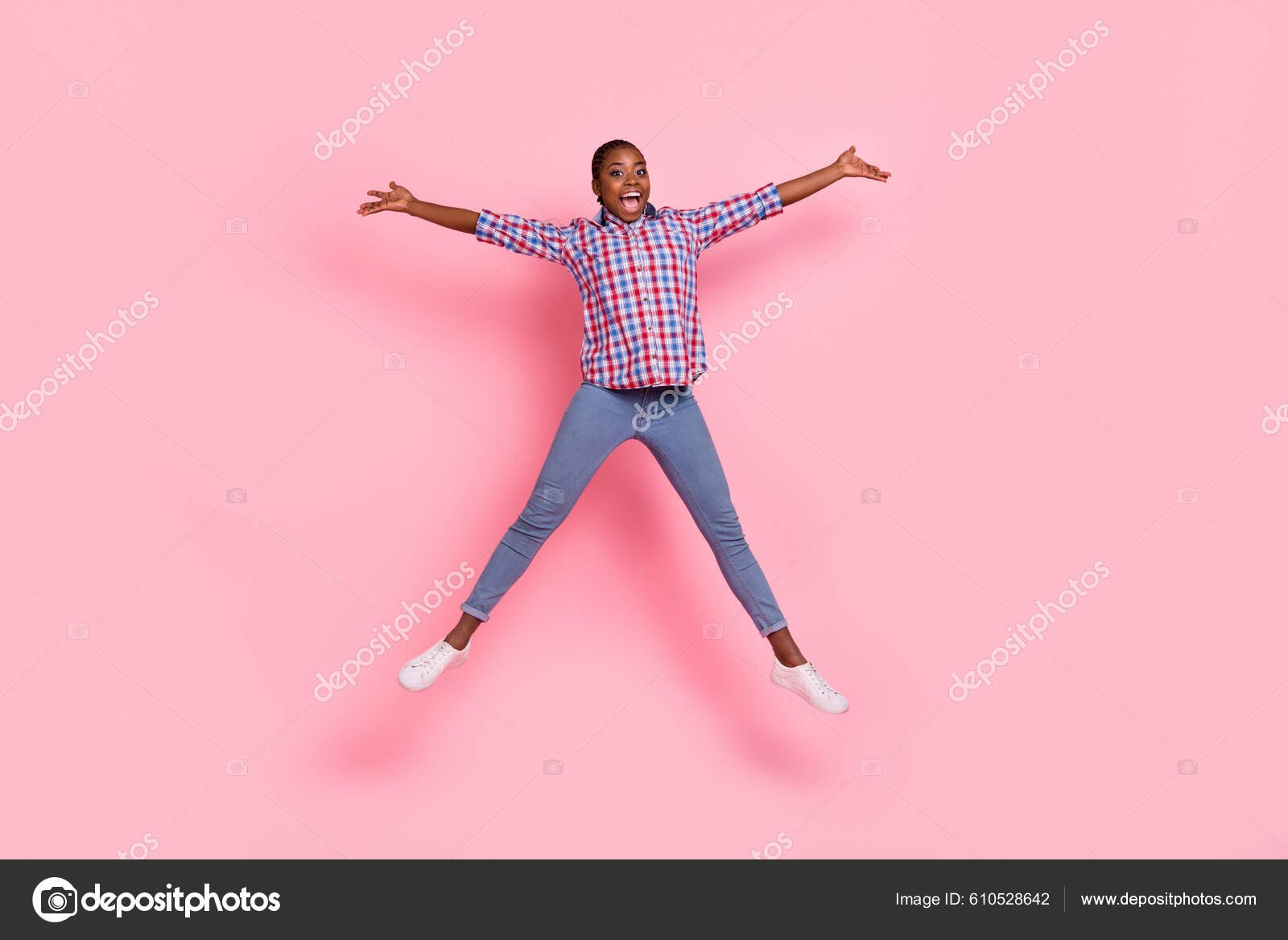 Full Size Photo Crazy Overjoyed Girl Jumping Make Star Figure Stock ...