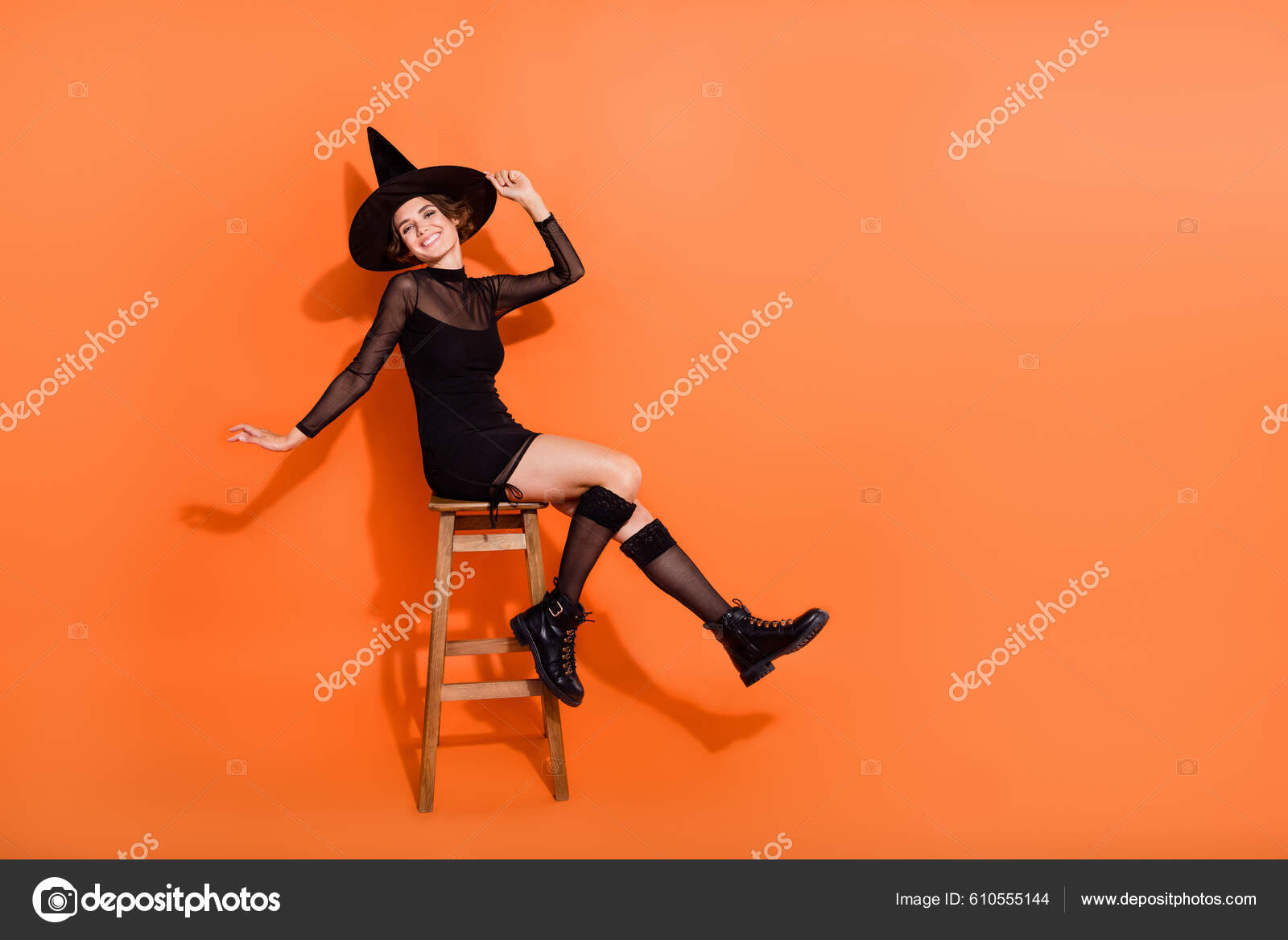 Full Size Photo Pretty Young Woman Sit Chair Dangle Legs — Stock Photo ...