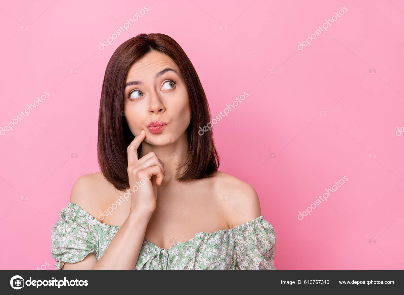 Photo Interested Dreamy Lady Pouted Lips Finger Touch Face Consider ...