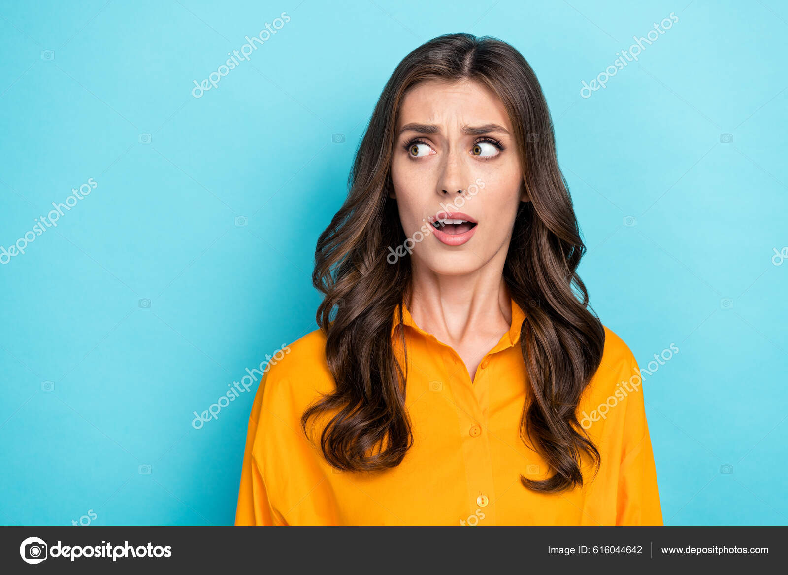 Photo Portrait Charming Young Lady Look Frightened Empty Space Wear ...