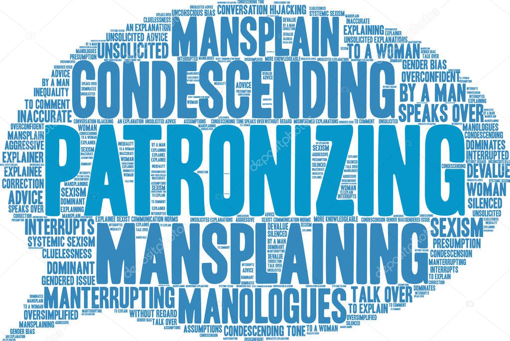 Nube de palabras patronizante sobre un fondo blanco. 2023