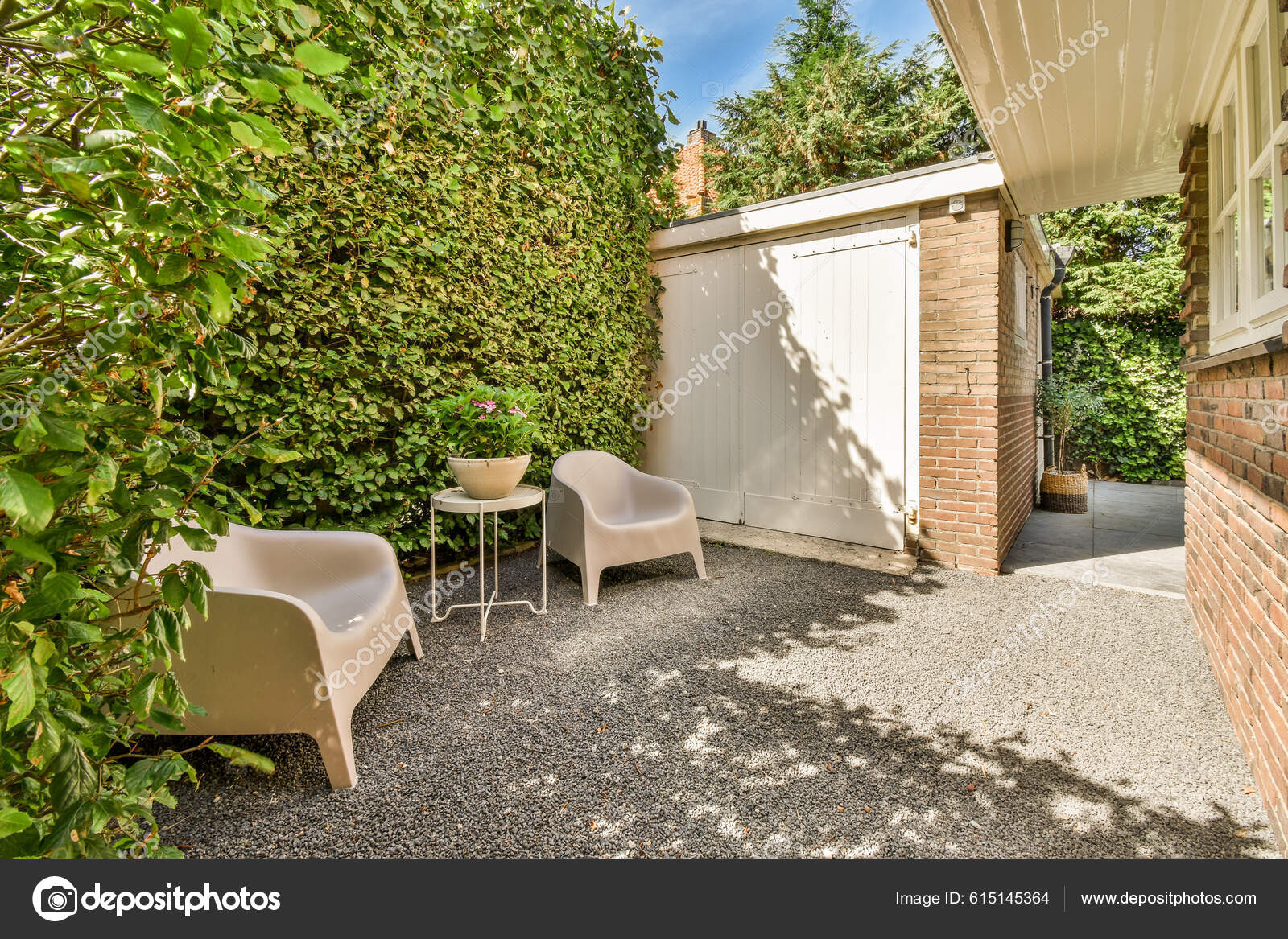 Neat Powerful Patio Sitting Area Small Garden Wooden Fence — Stock ...