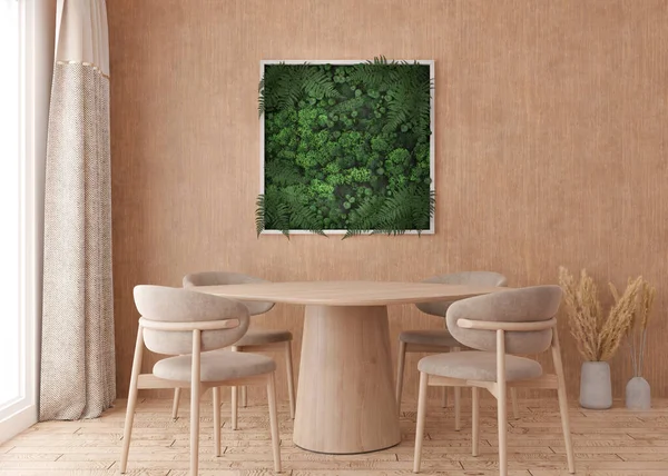 Stabilized moss hanging on the wall in modern interior. Panel of green moss. Beautiful square ...