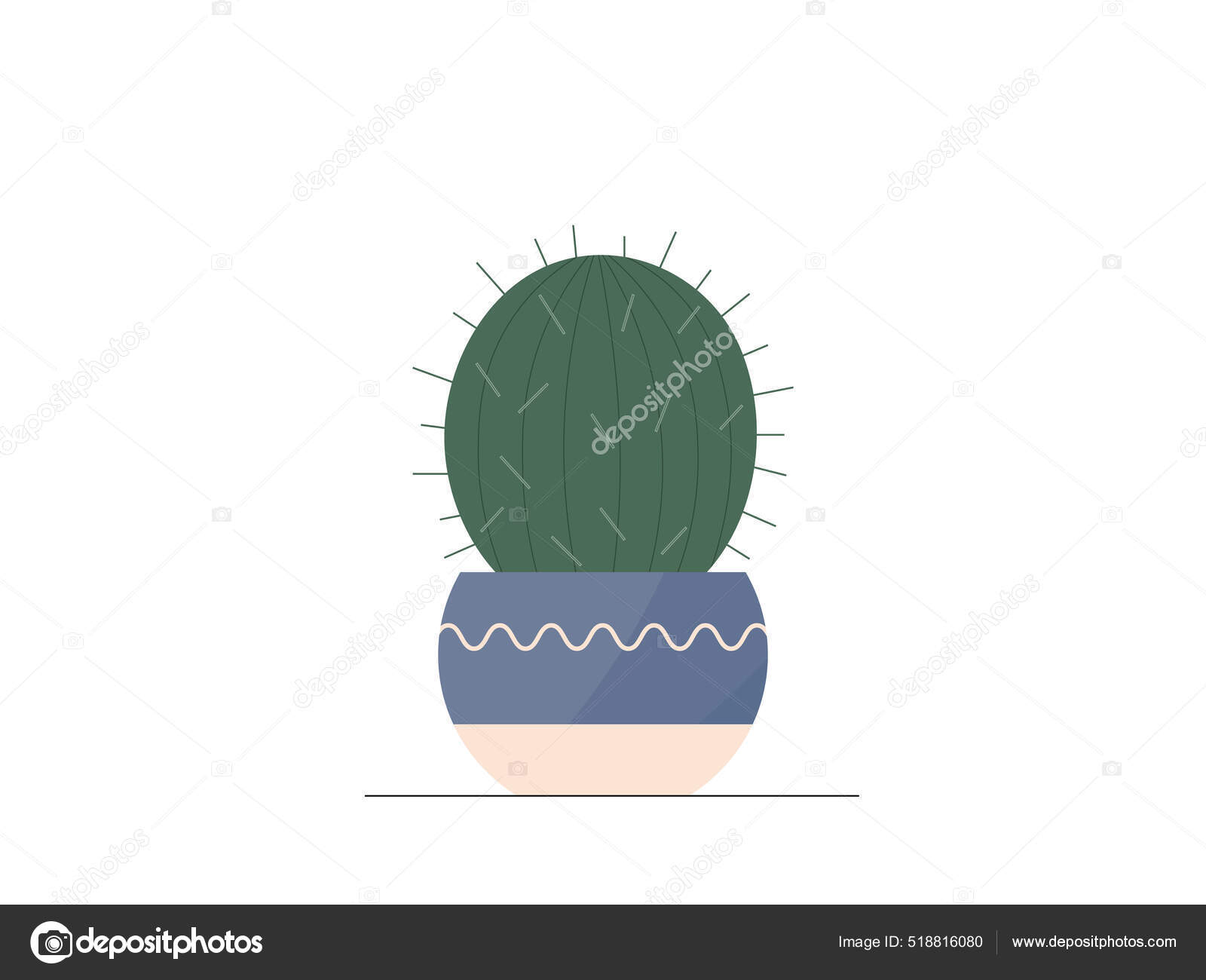 Cute Flat Vector Cactus Blue Flowerpot Illustration Modern Cartoon Mini ...
