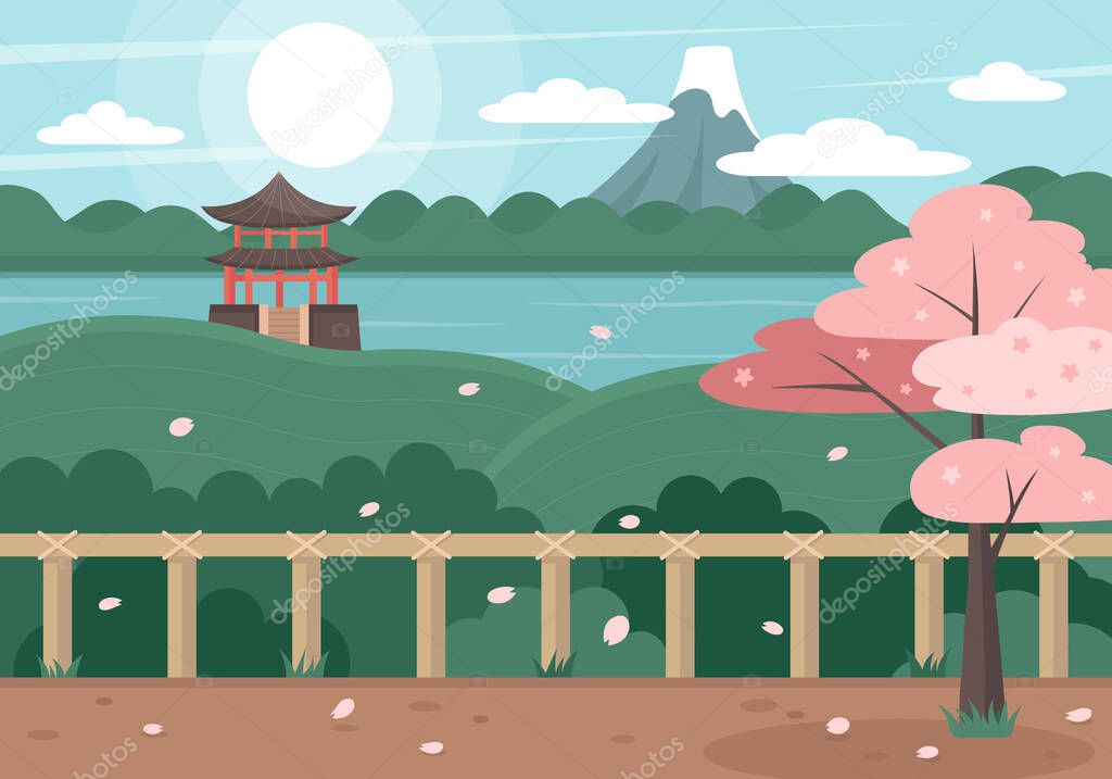 Ilustración Del Vector Paisaje Japonés Dibujos Animados Asiático Templo ...