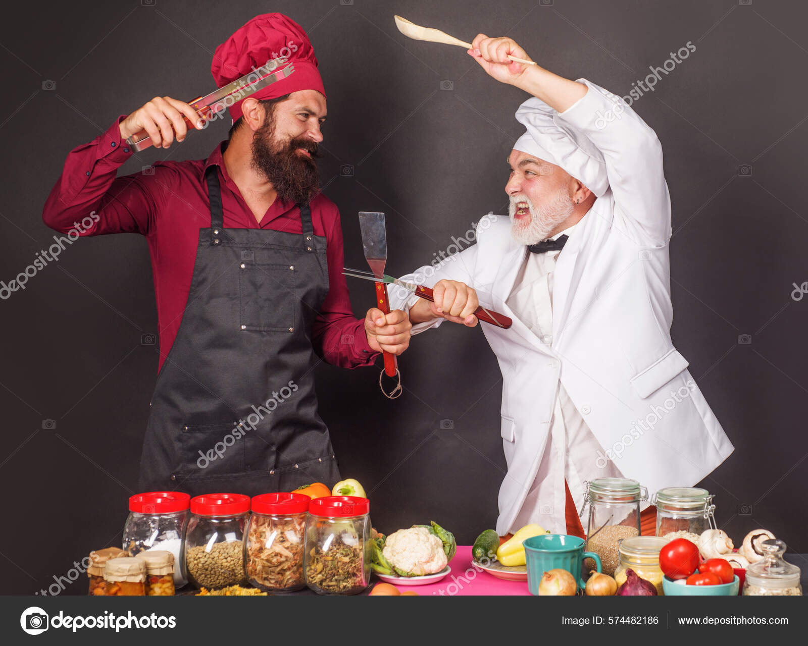 Two Chefs Uniform Fighting Kitchen Utensils Cooking Culinary Battle ...