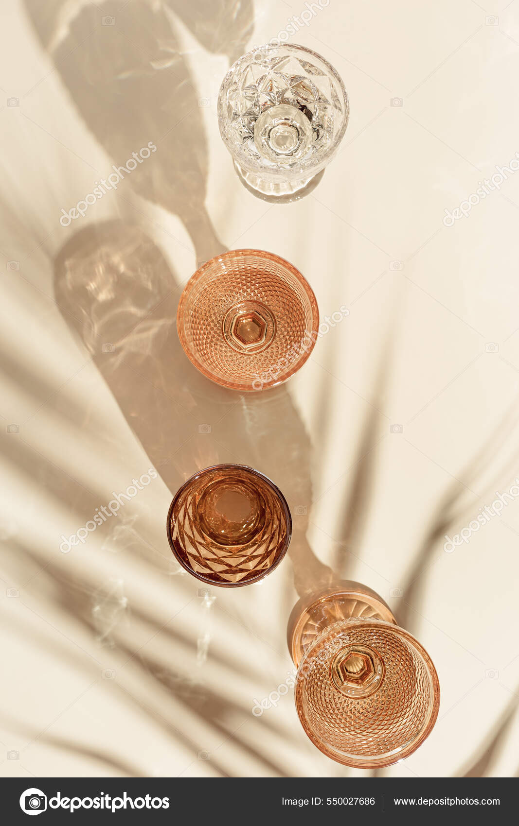 Set Colored Glasses Transparent Beige Glass Beautiful Shadows Palm Leaf ...