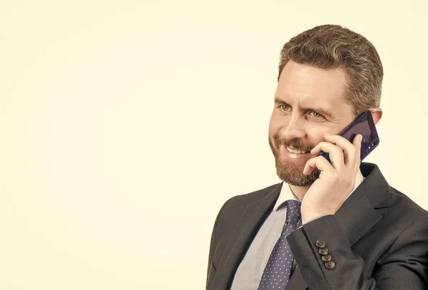 Happy manager talk on cellphone using cellular technology for ...