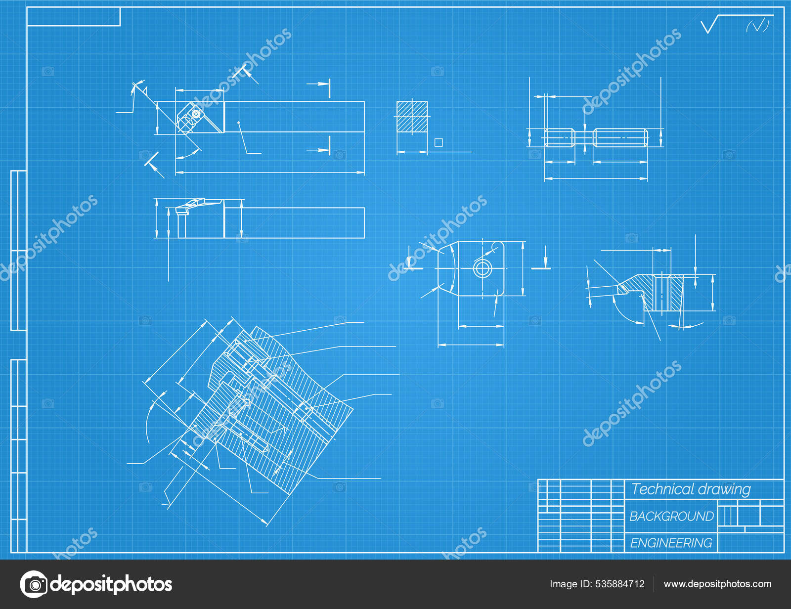 Mechanical engineering drawings on blue background. Cutter, assembly ...