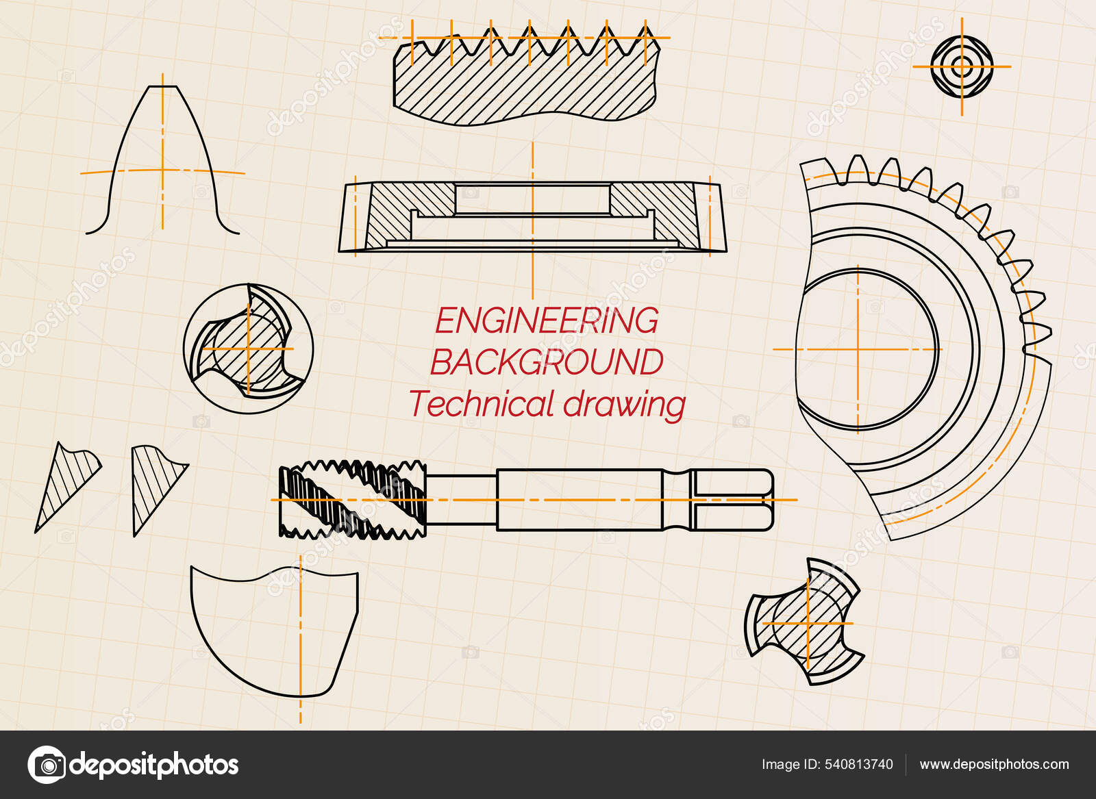 Mechanical engineering drawings on light background. Tap tools, borer ...